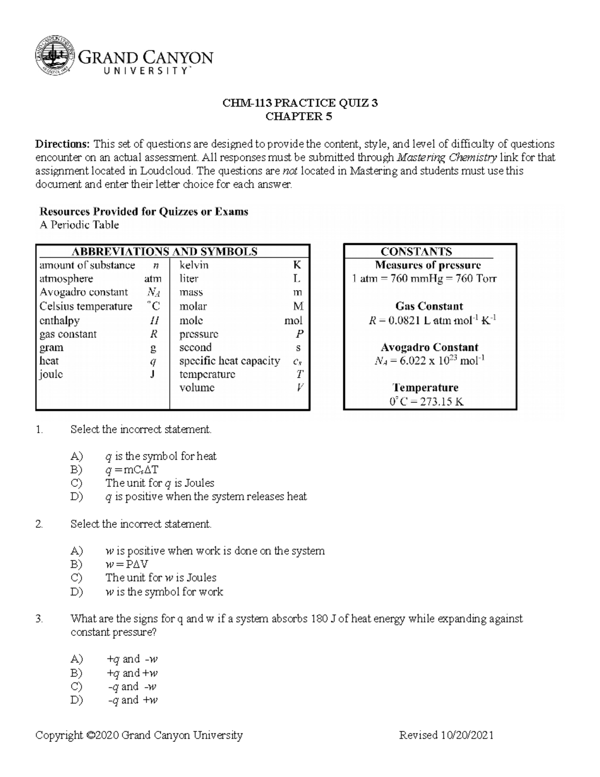 CHM113 PQ3 Ch5 - practice quiz - CHM-113 PRACTICE QUIZ 3 CHAPTER 5 ...