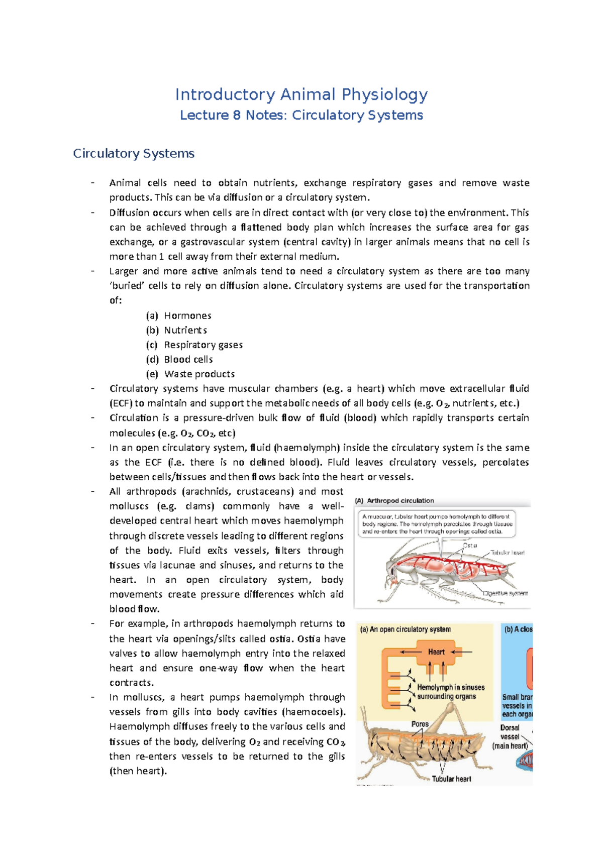 Lecture 8 Notes (Circulatory Systems) - Introductory Animal Physiology ...
