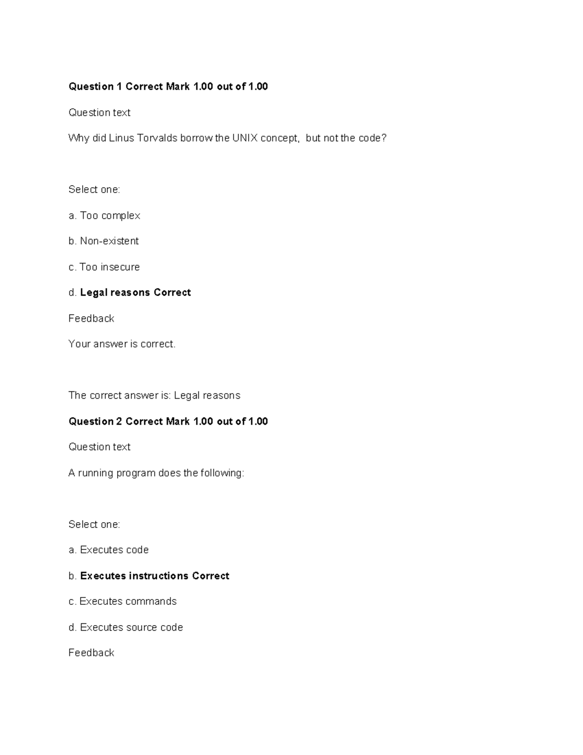 CS 2301 Self Quiz Unit 1 - Operating Systems 1 - Question 1 Correct ... CS 2301 Self Quiz Unit 1 - Operating Systems 1 - Question 1 Correct ...