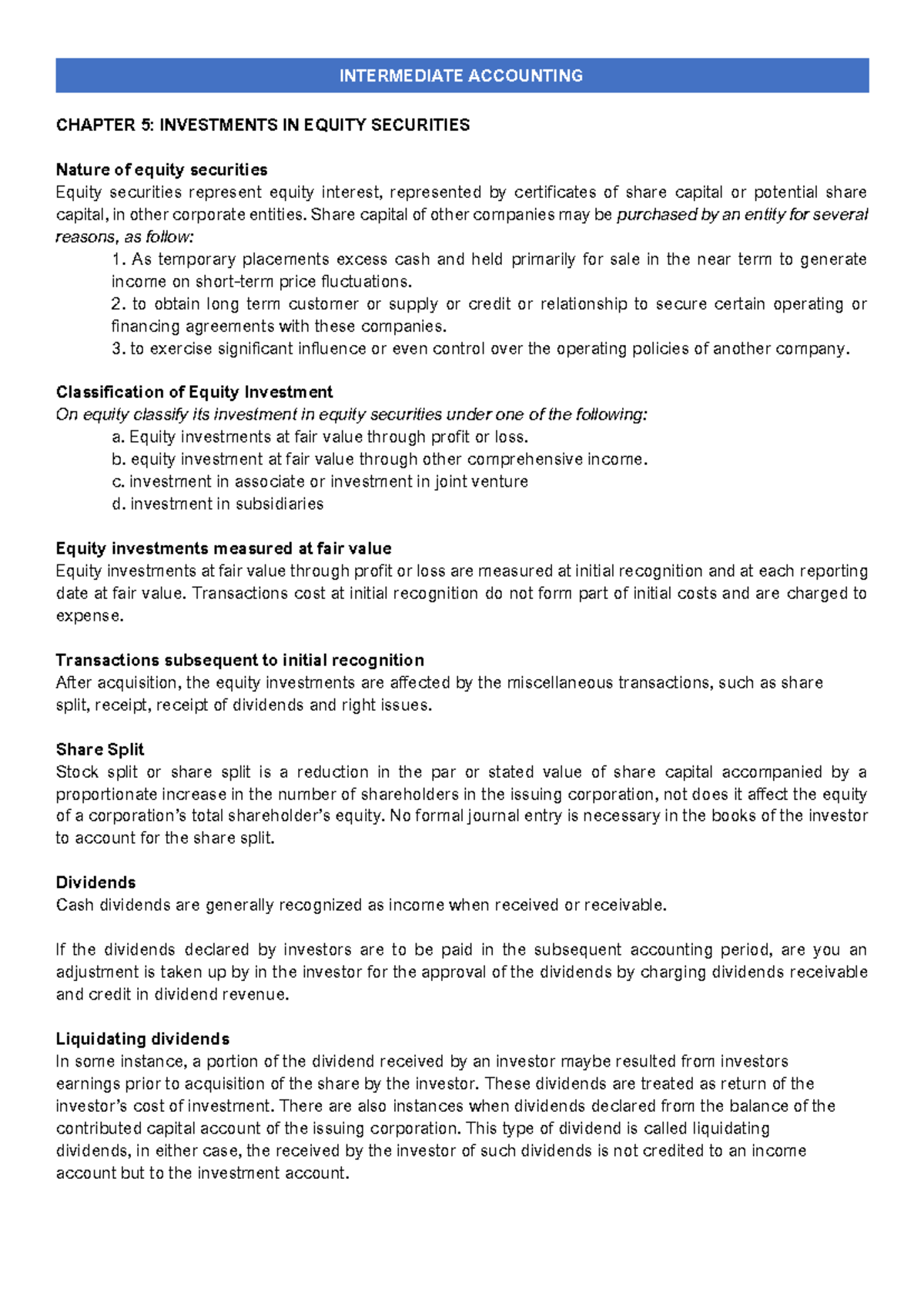 Chapter 5: Intermediate Accounting - INTERMEDIATE ACCOUNTING CHAPTER 5: INVESTMENTS IN EQUITY ...