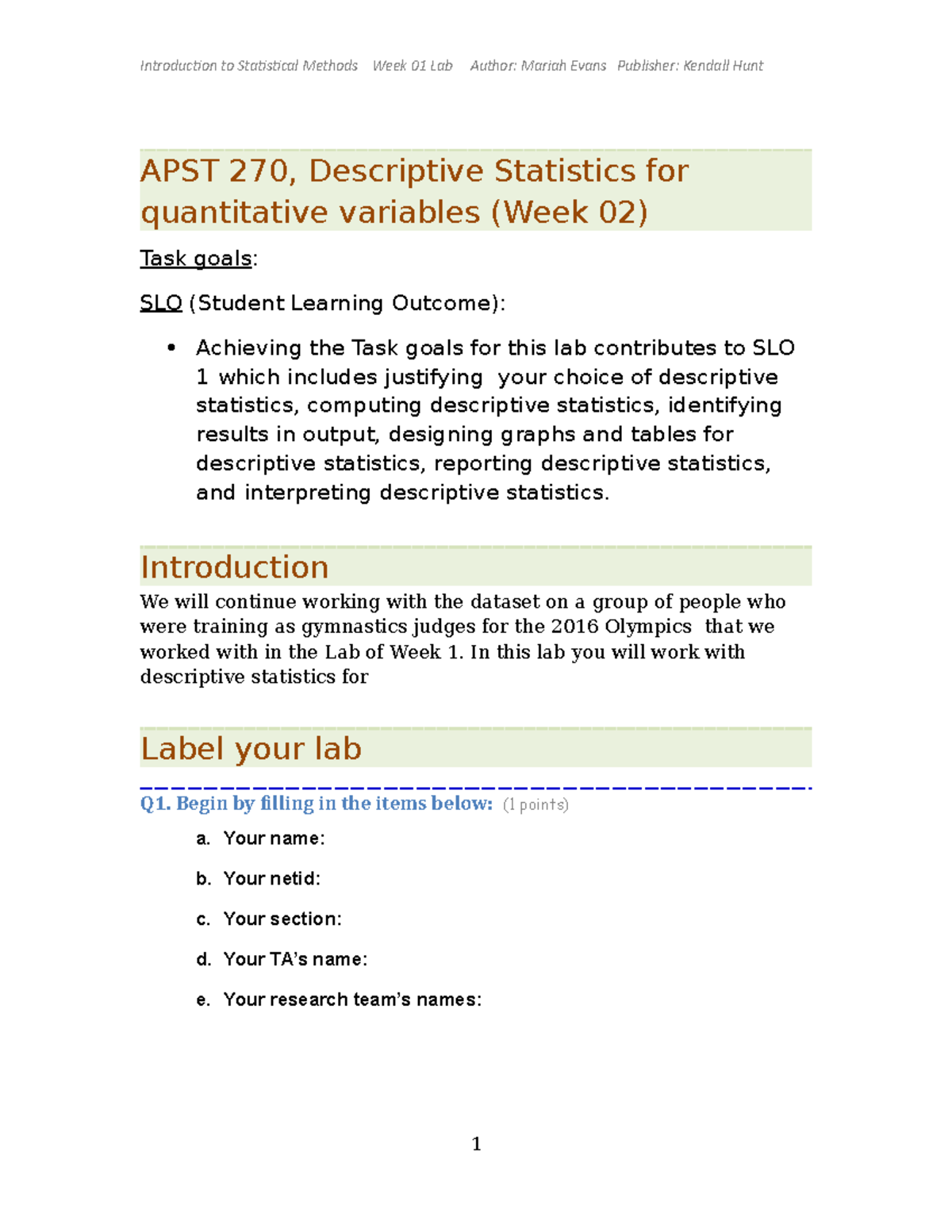 Week 2 Lab Report Apst 270 Descriptive Statistics For Quantitative Variables Week 02 Task