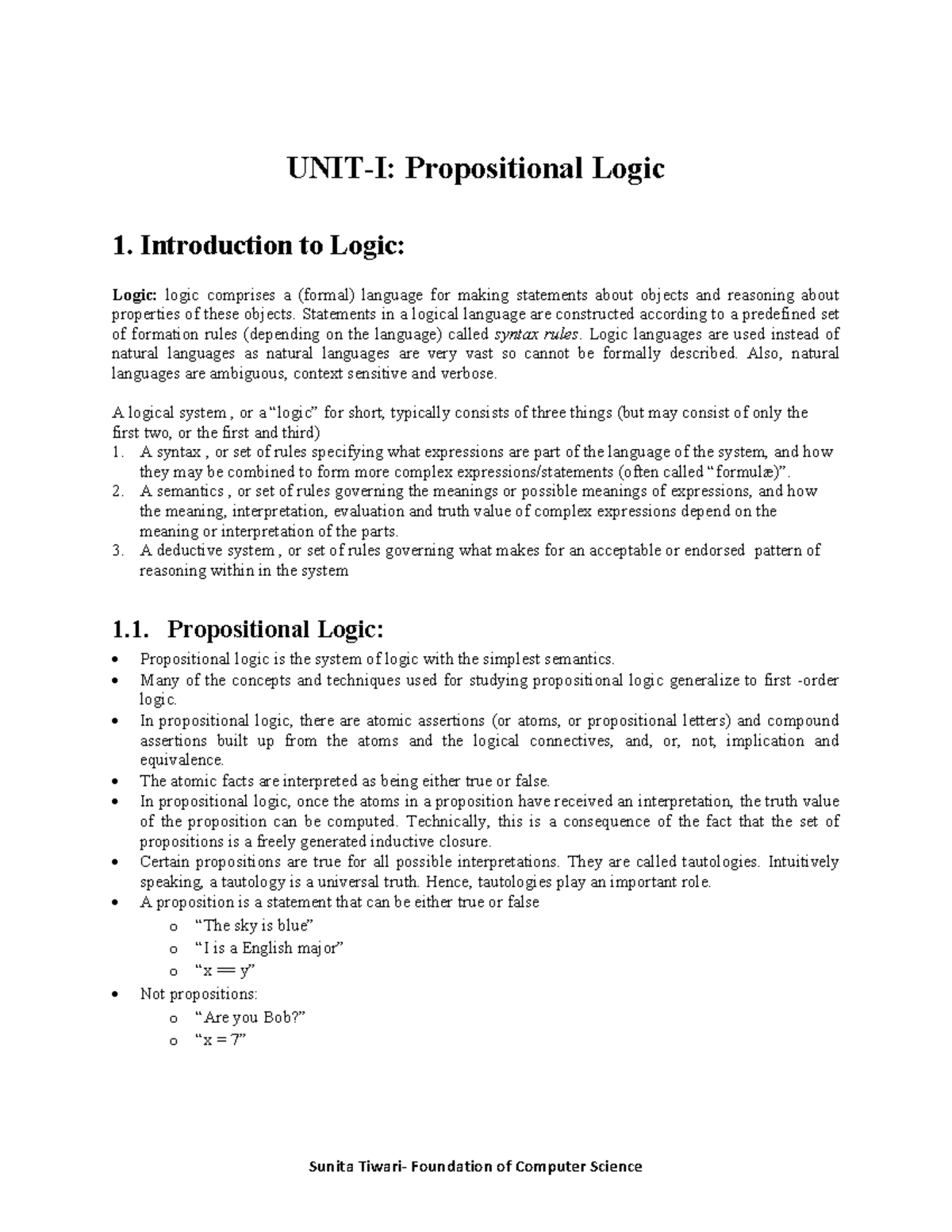 Unit-1 - Propositional Logic Lecture Notes - UNIT-I: Propositional ...