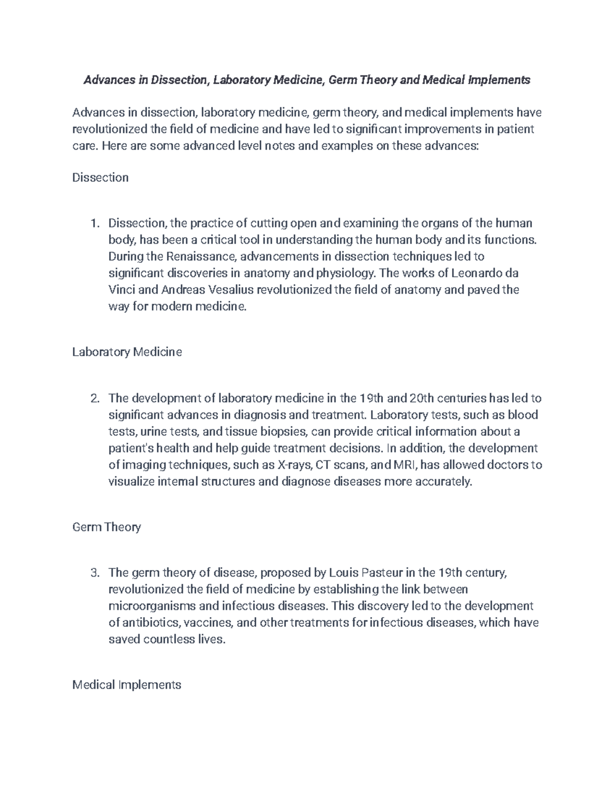 Notes on Advances in Dissection, Laboratory Medicine, Germ Theory and ...