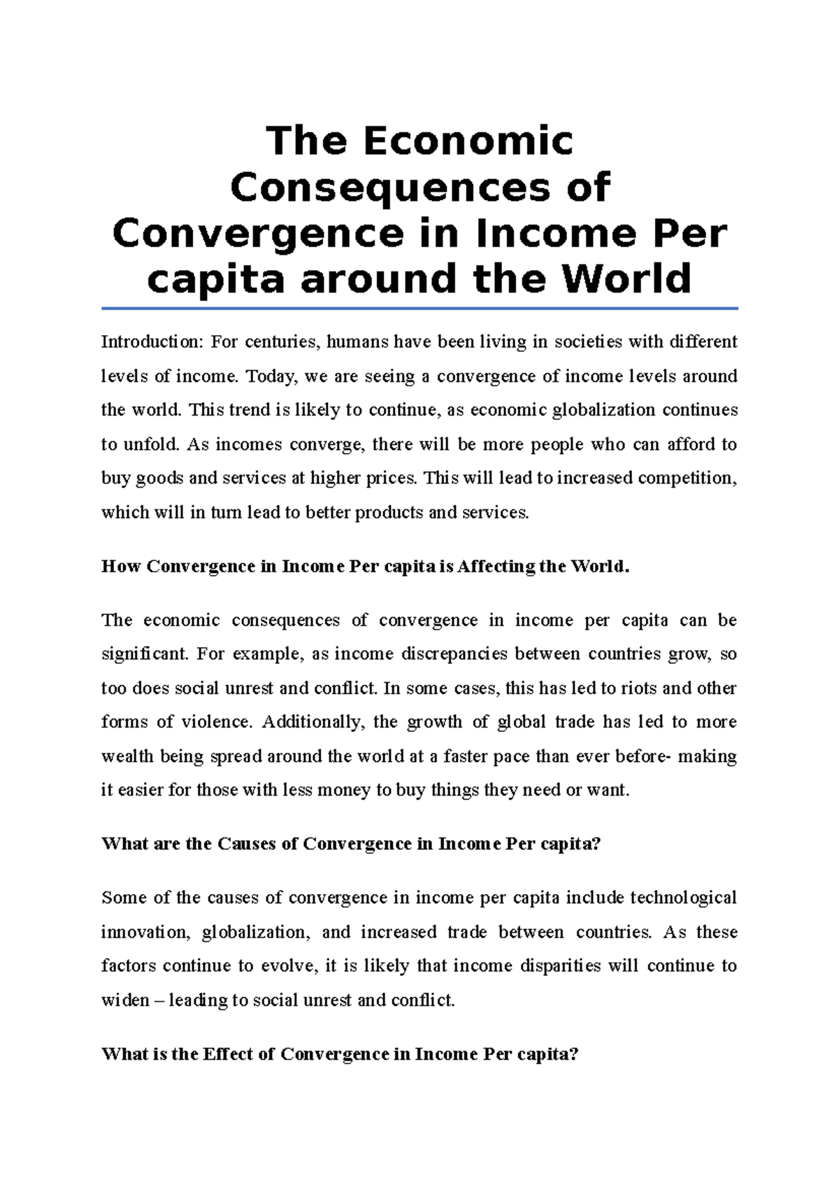 The Economic Consequences of Convergence in Income Per capita around ...