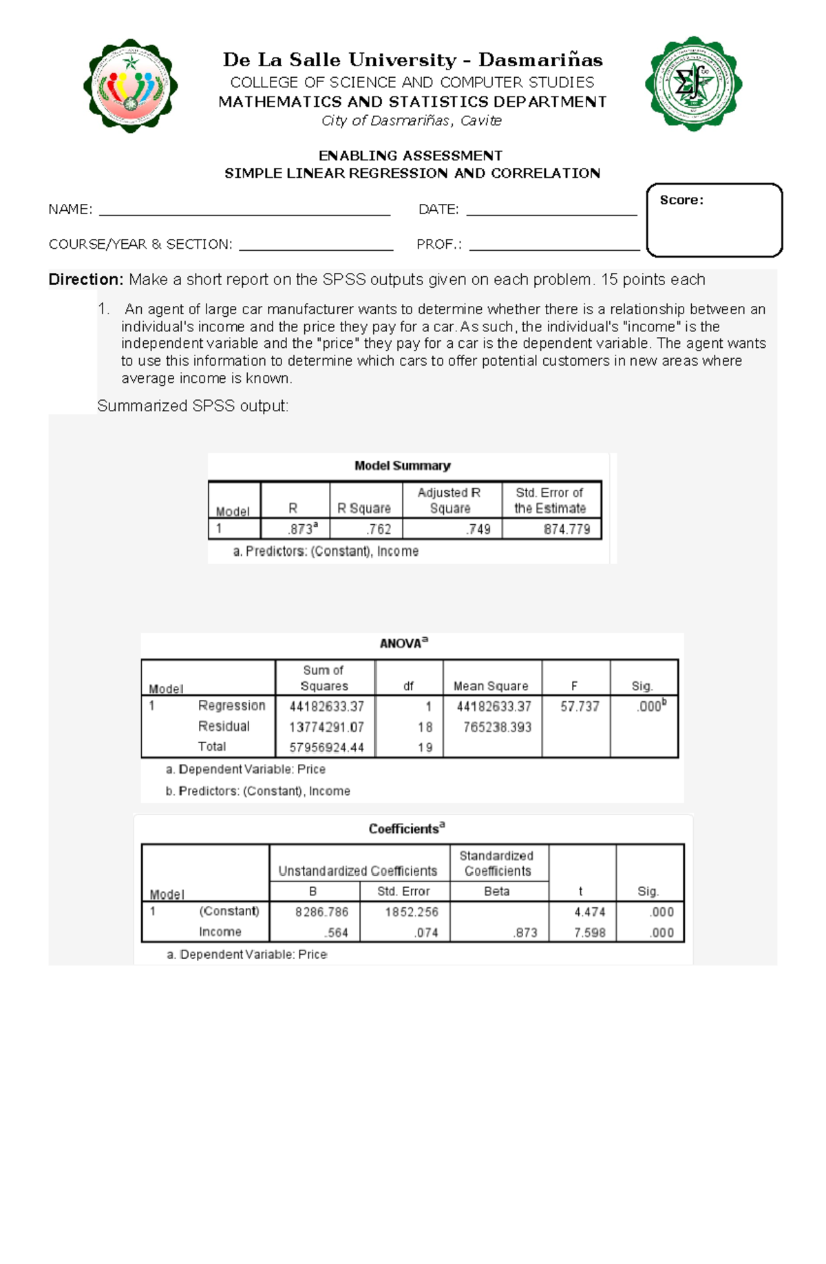 Enabling assessment in Simple Linear Regression and Correlation - De La Salle University – - Studocu
