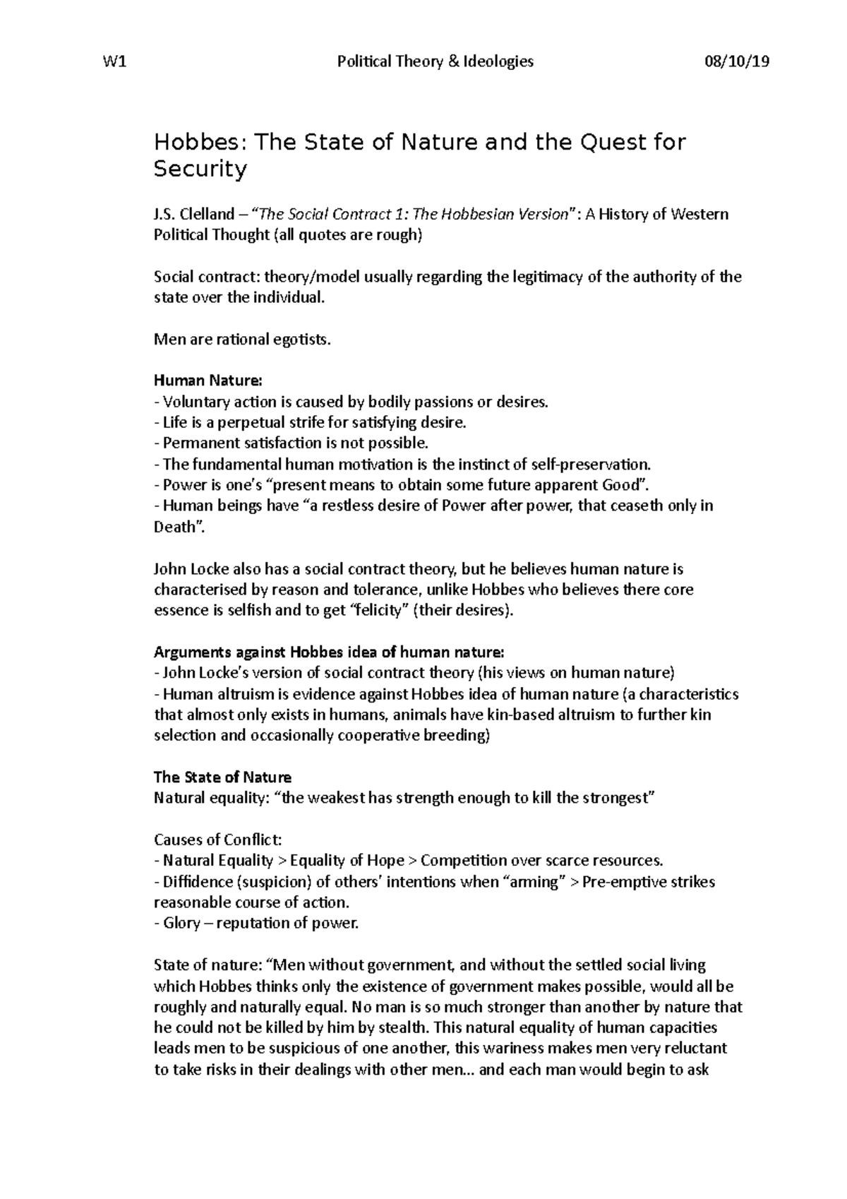 W2 - Hobbes- The State of Nature - Hobbes: The State of Nature and the ...