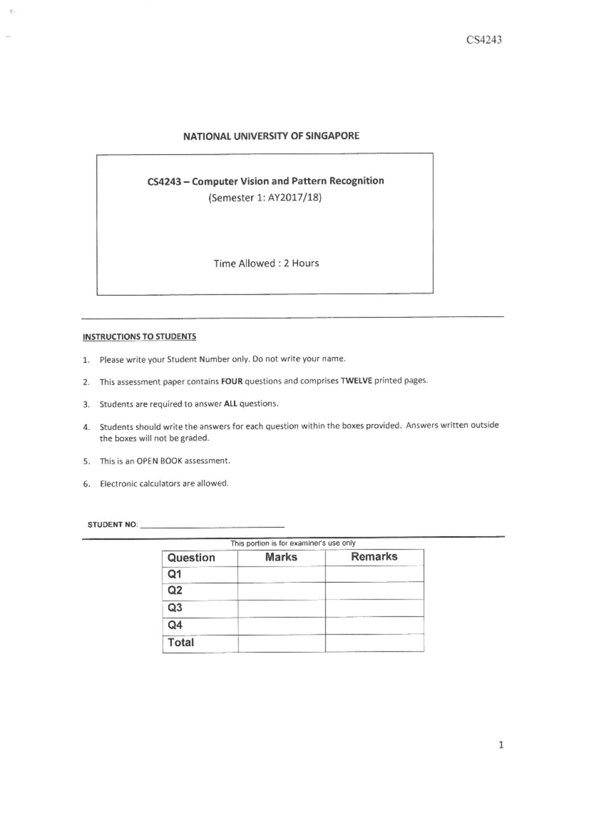 ATM123436 1718SEM1-S4243 - CS4243 NATIONAL UNIVERSITY OF SINGAPORE CS4243 Computer Vision and ...