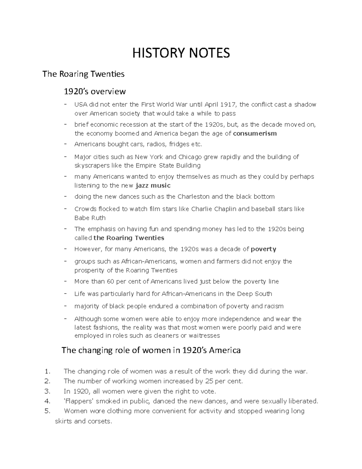 10971920-1941 - Modern History Notes - HISTORY NOTES The Roaring ...