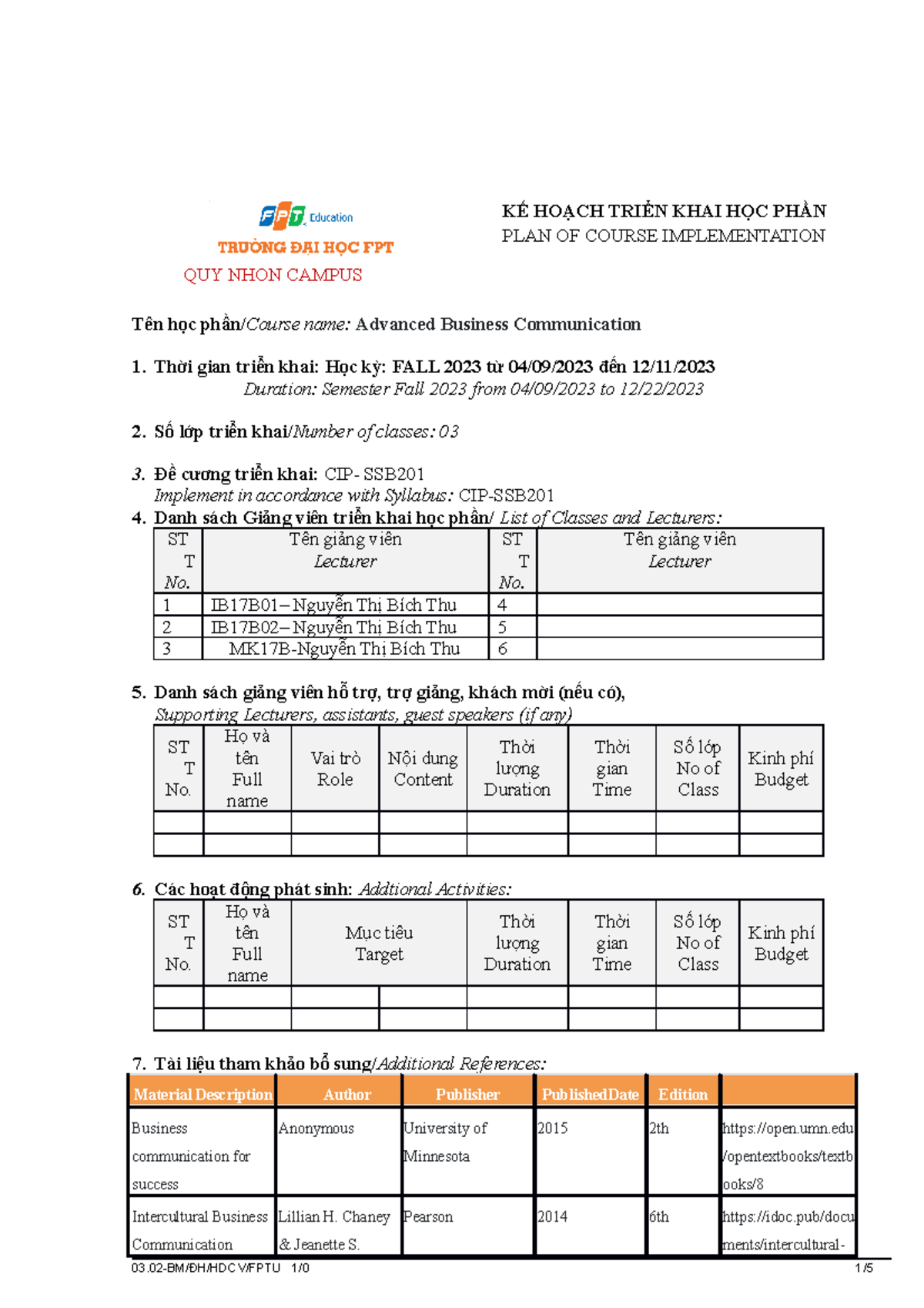 Thuntb 3 CIP SSB201 FA23 - KẾ HOẠCH TRIỂN KHAI HỌC PHẦN PLAN OF COURSE IMPLEMENTATION QUY NHON ...