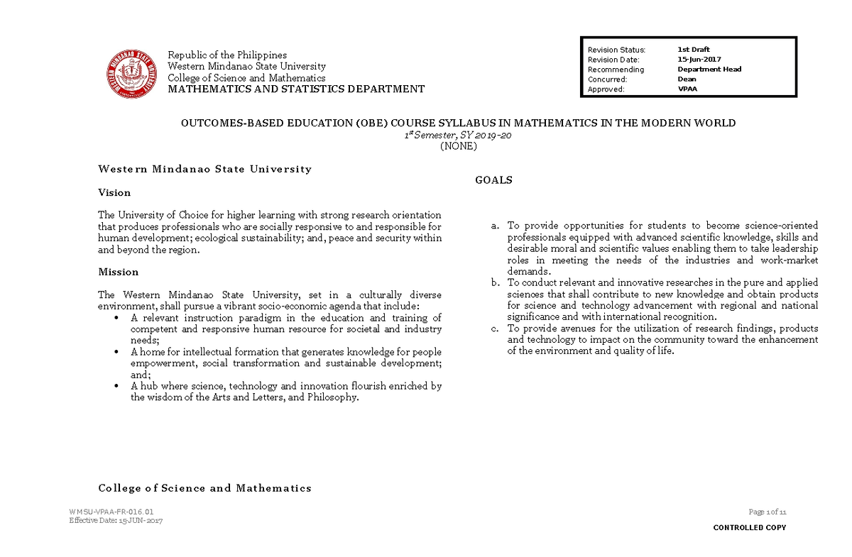 BS Math MMW OBE Course Syllabus - Republic of the Philippines Western ...