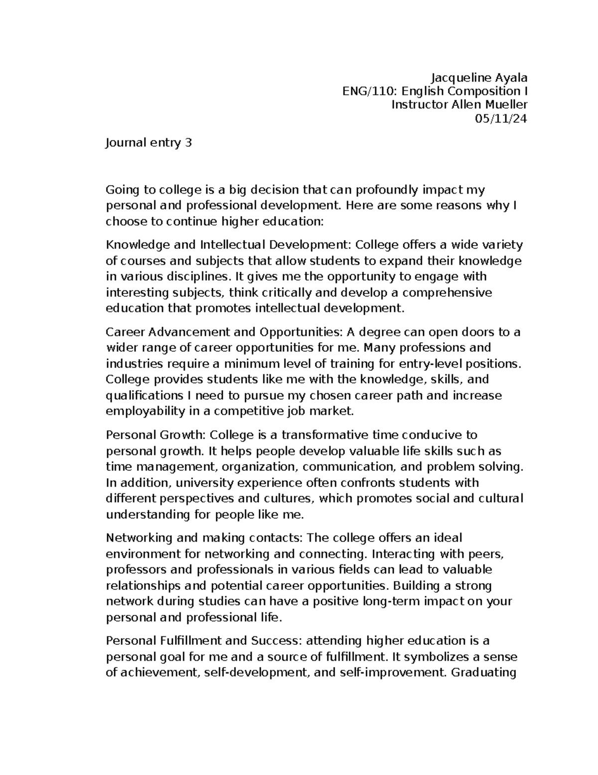 Journal Entry 3 5 - Jacqueline Ayala ENG/110: English Composition I ...