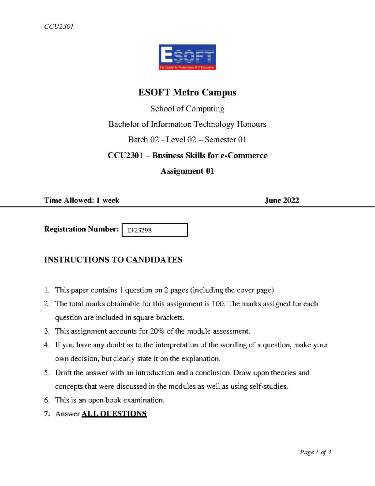 Business skills Assignment - CCU Page 1 of 3 ESOFT Metro Campus School ...