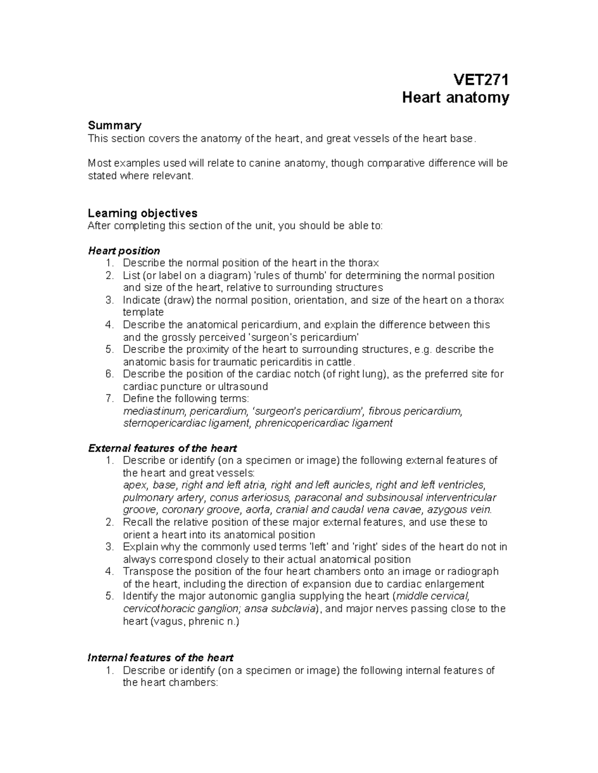 VET271 heart anatomy LOs - VET Heart anatomy Summary This section ...
