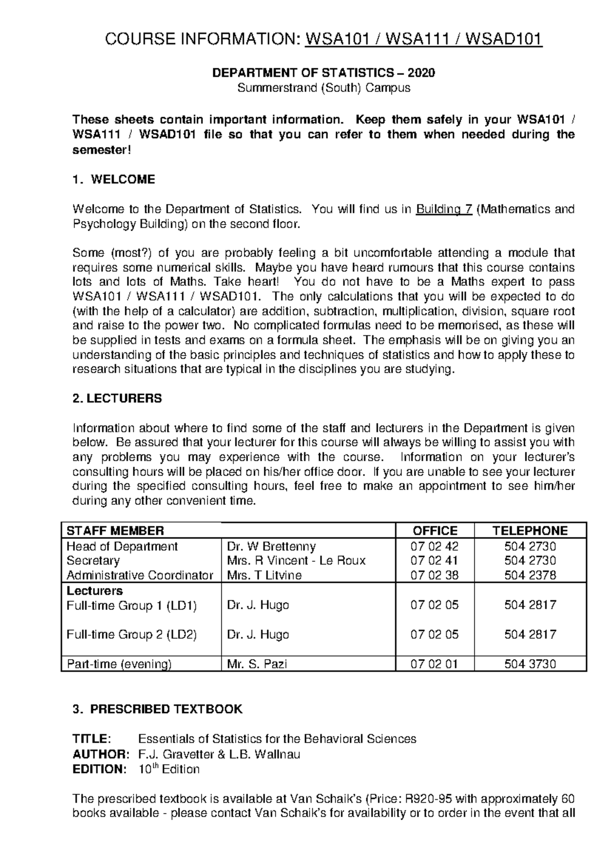 WSA101 WSA111 WSAD101 Info 2020 - COURSE INFORMATION: WSA101 / WSA111 ...