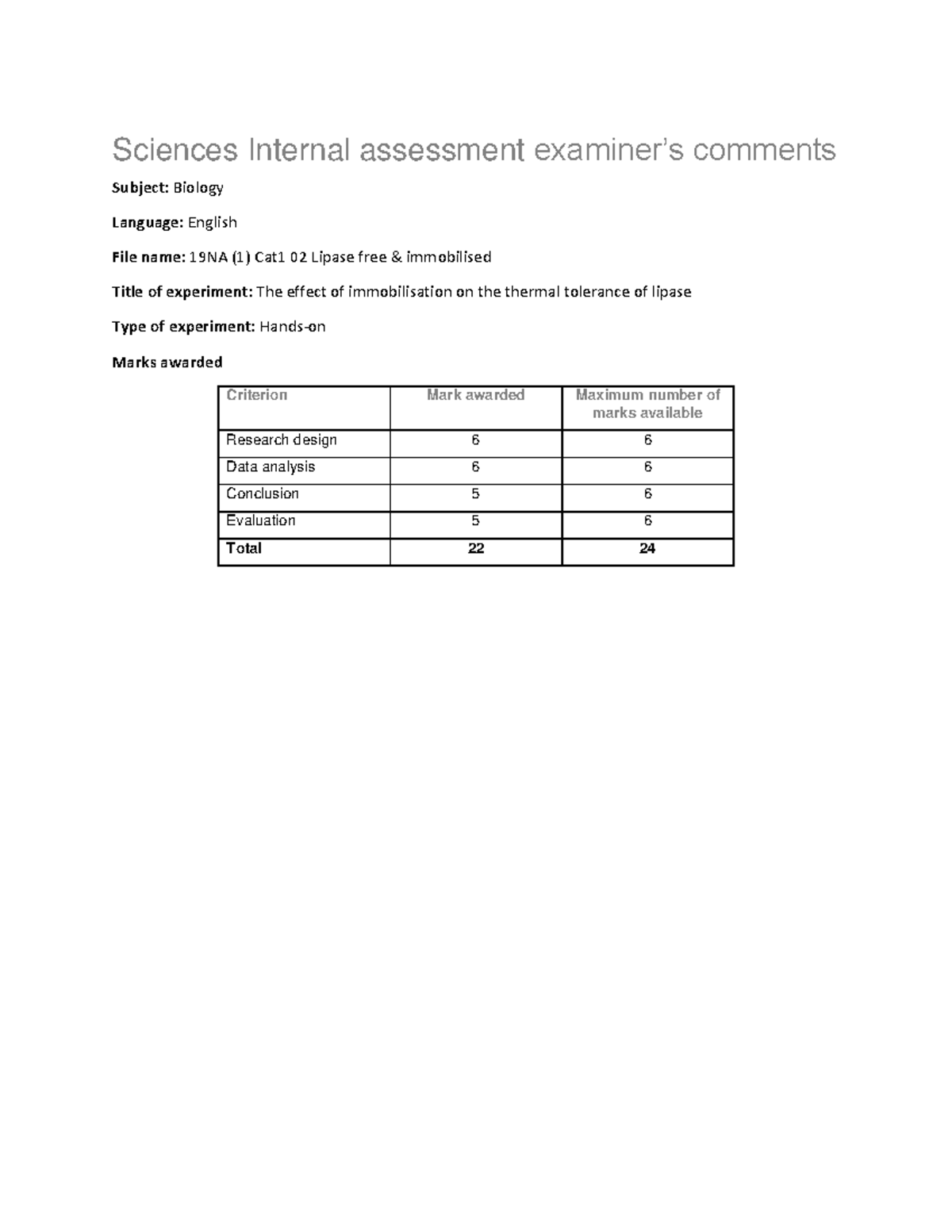Biology IA sample B moderator score and comments - Sciences Internal ...