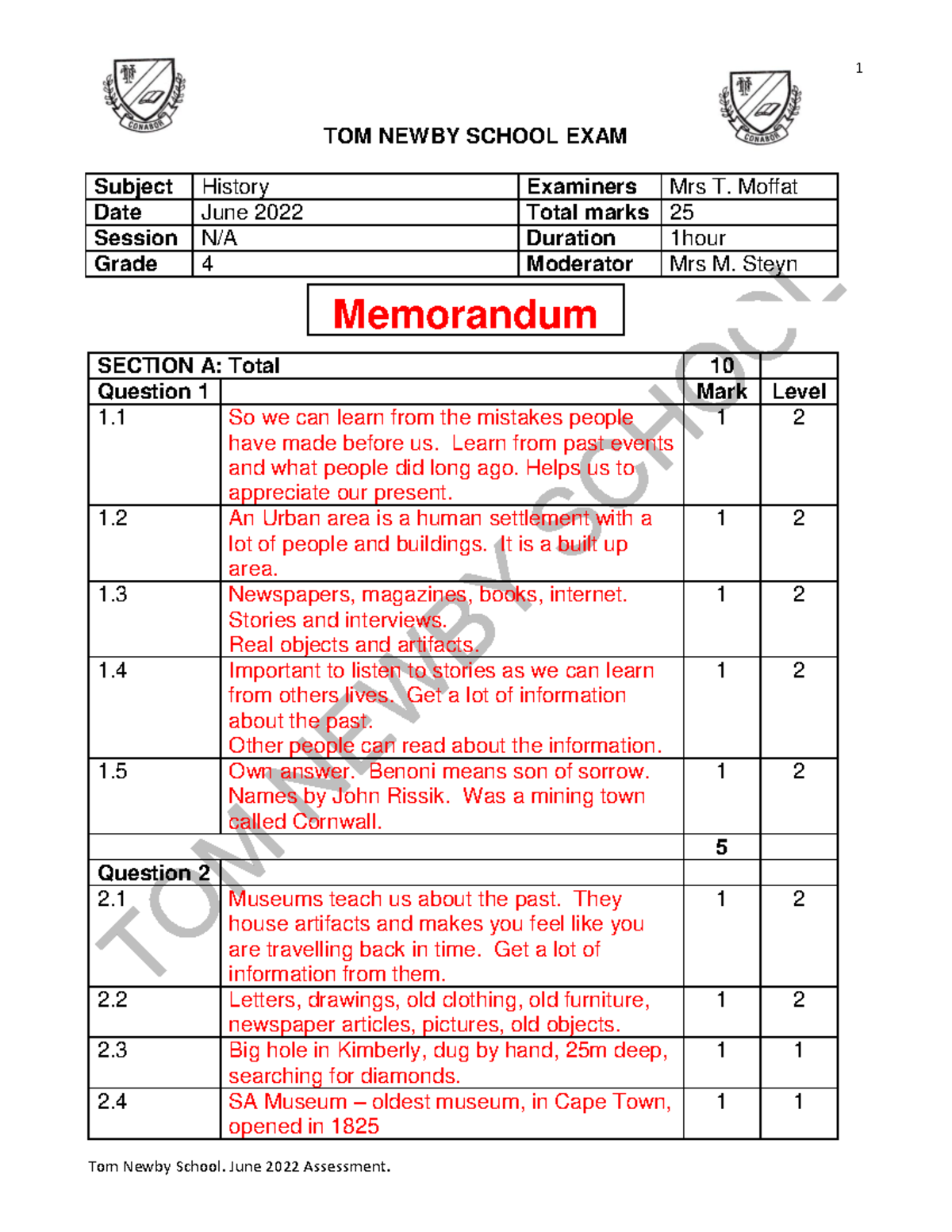 Grade 4 History Memo June 2022 - 1 Tom Newby School. June 2022 ...