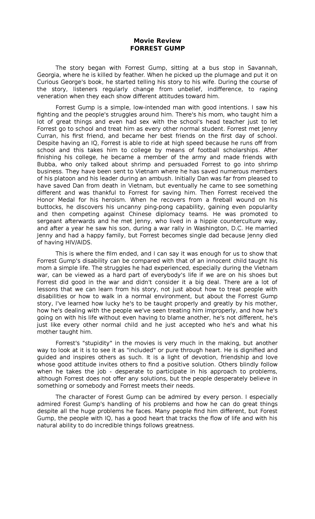 Forrest Gump who has special behaviour - Movie Review FORREST GUMP The ...