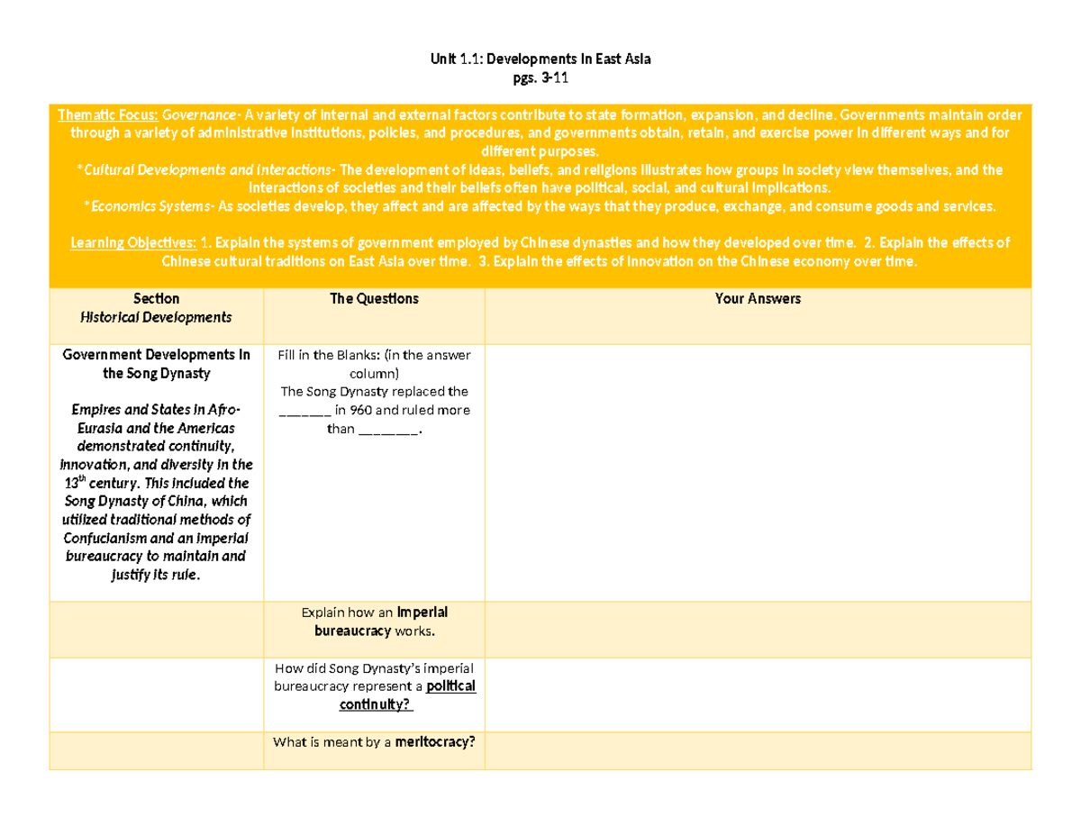 Amsco Guided Reading 1 - pgs. 3- Thematic Focus: Governance- A variety ...