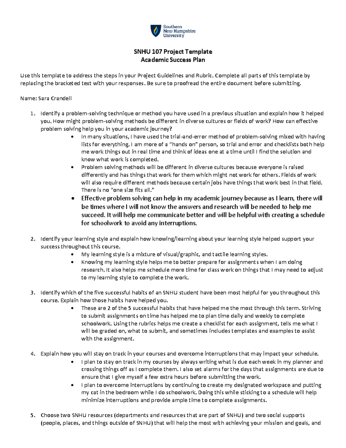 SNHU 107 Project - SNHU 107 Project Template Academic Success Plan Use ...