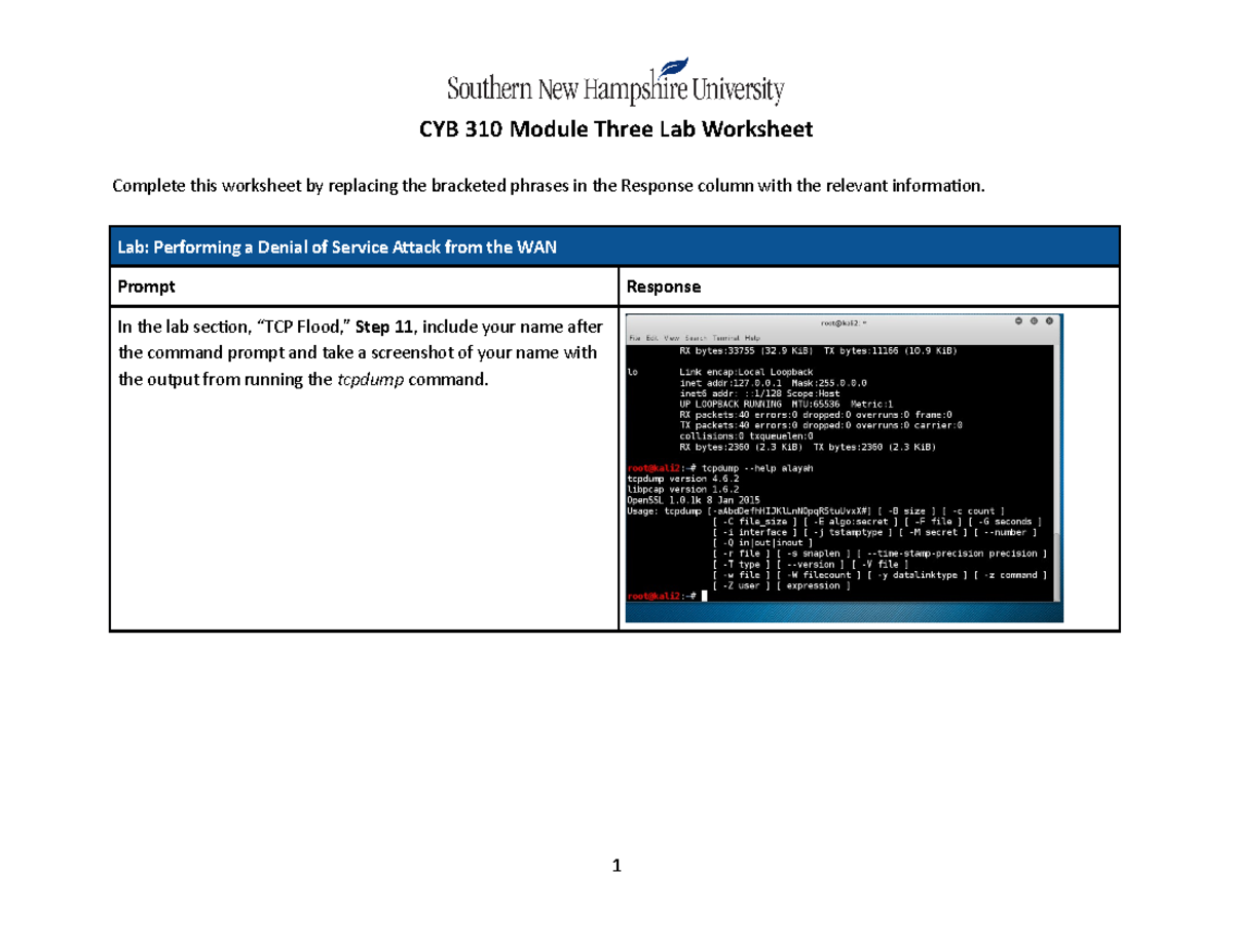 CYB 310 Module Three Lab Worksheet - CYB 310 Module Three Lab Worksheet Complete this worksheet ...