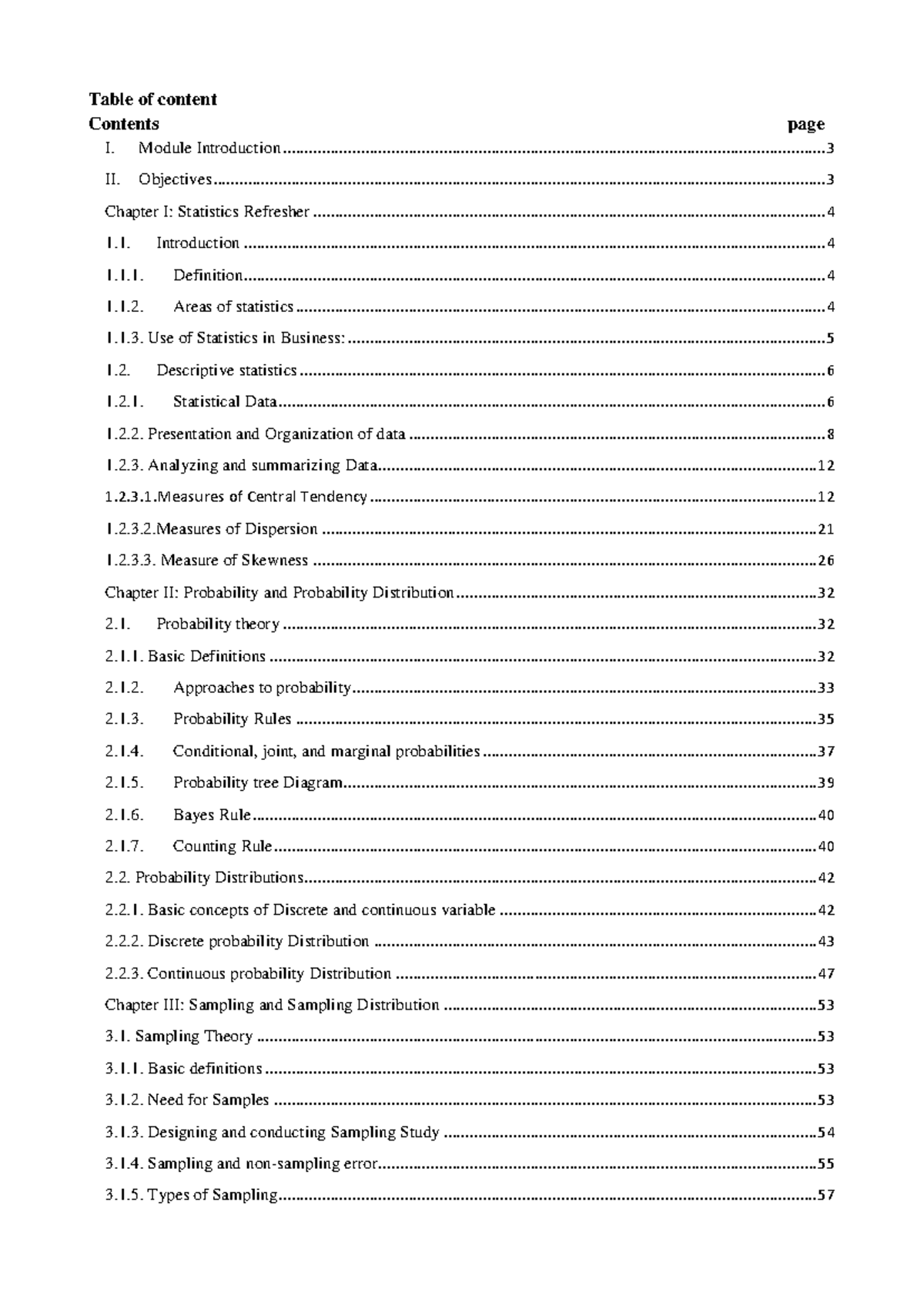 Statistics for Finance Module - Table of content I. Module Introduction ...