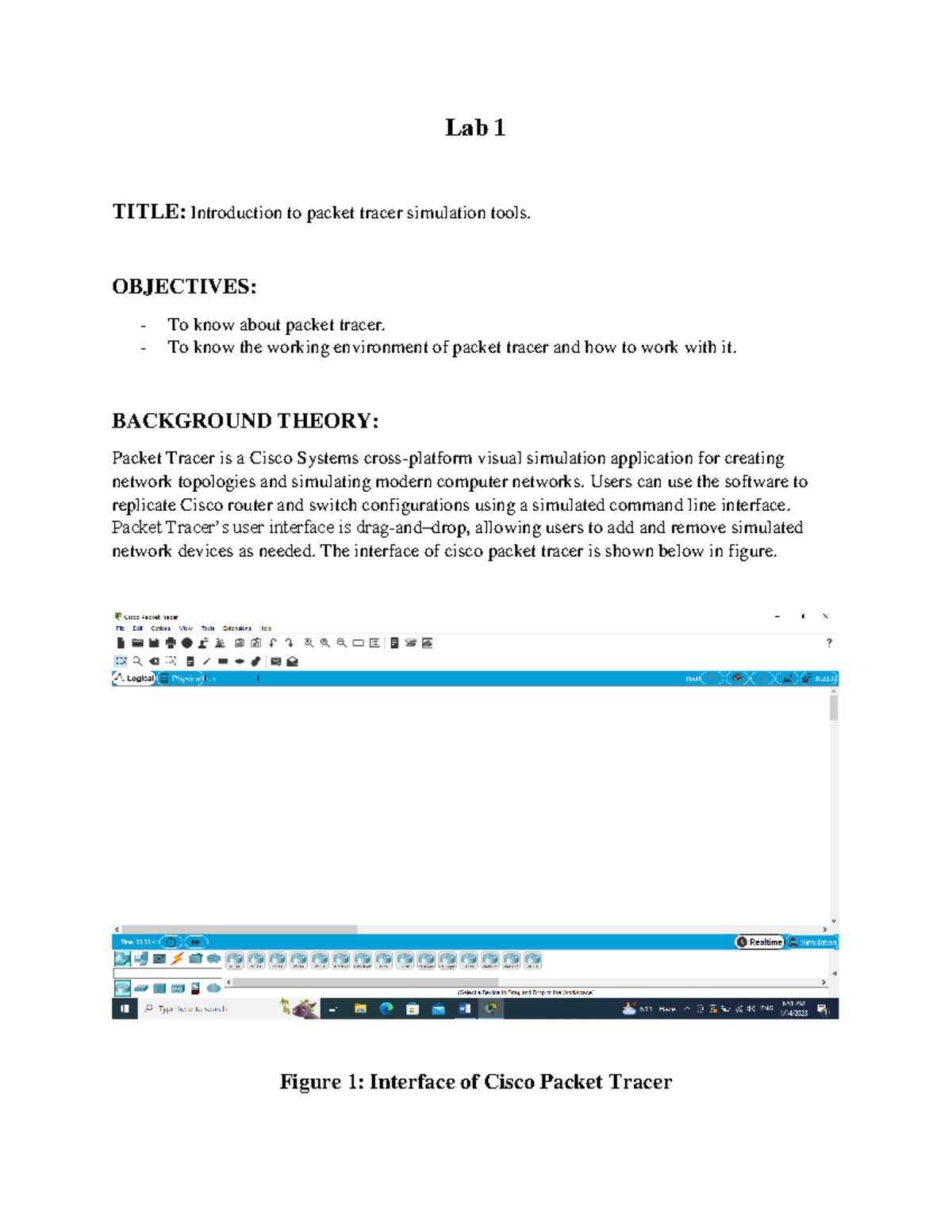 Networking lab report - Lab 1 TITLE: Introduction to packet tracer simulation tools. OBJECTIVES ...