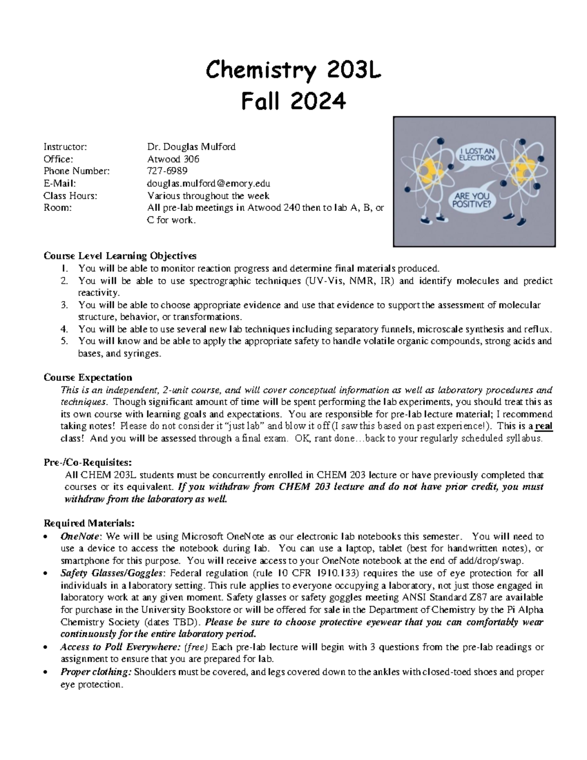 Chem 203L F24 syllabus - Chemistry 203L Fall 2024 Instructor: Dr ...