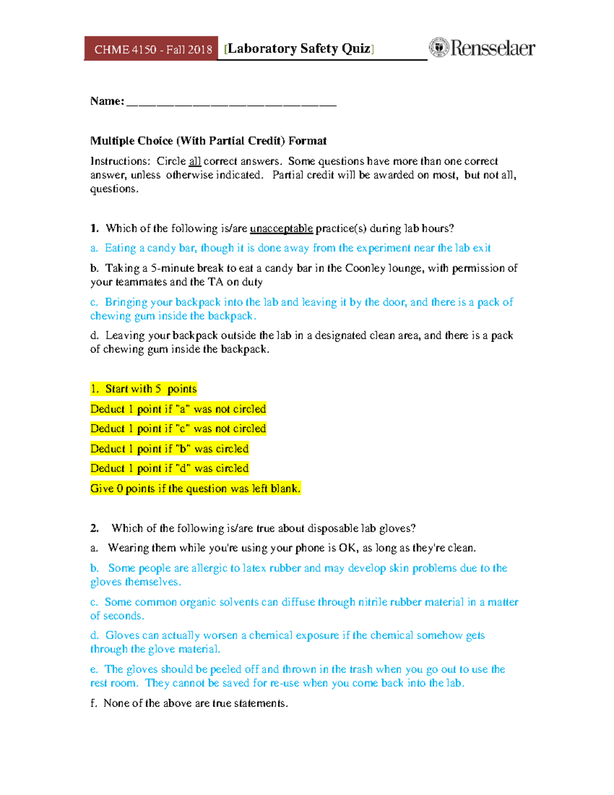 Safety quiz form A answers - Name ...