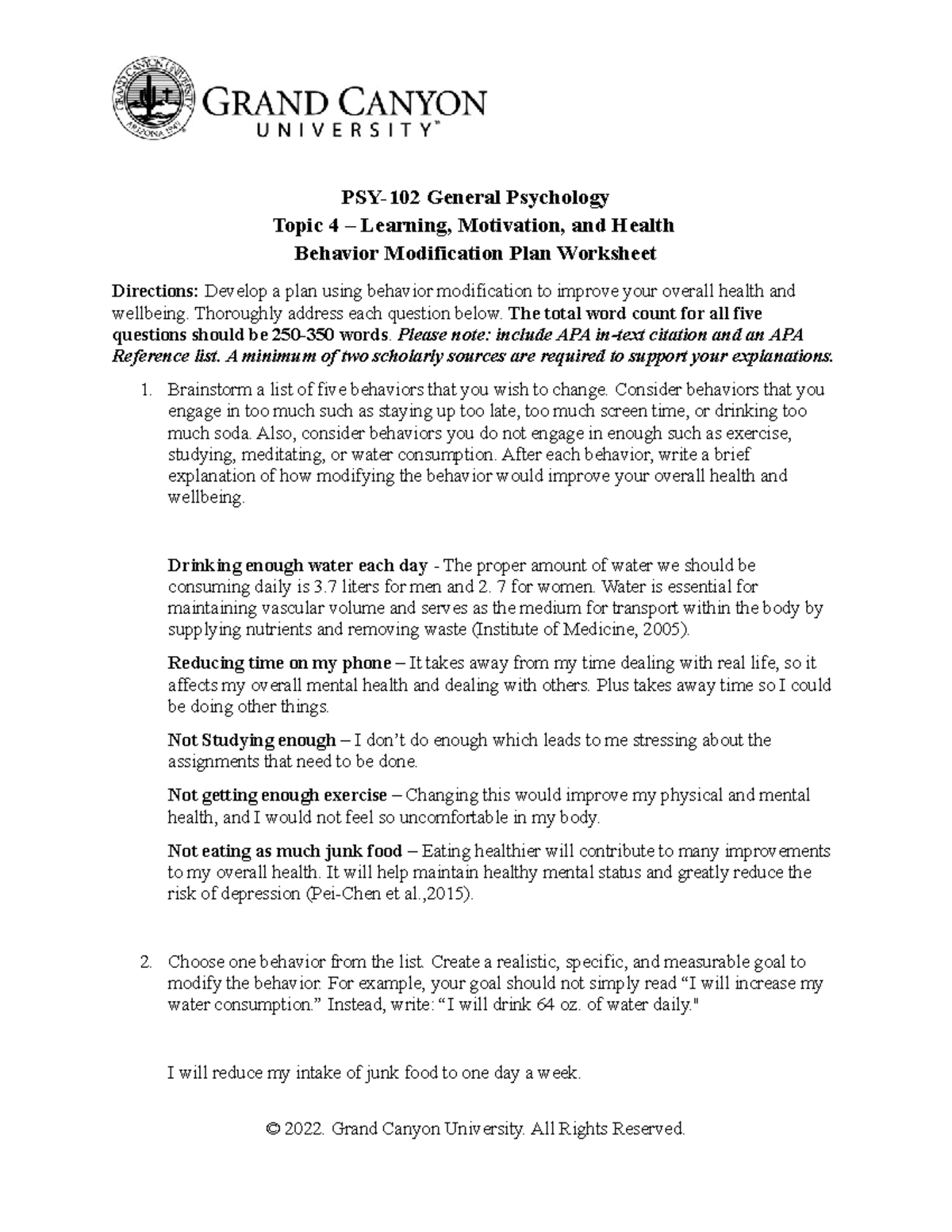 PSY 102 RS T4 Behavior Modification Plan - PSY-102 General Psychology ...