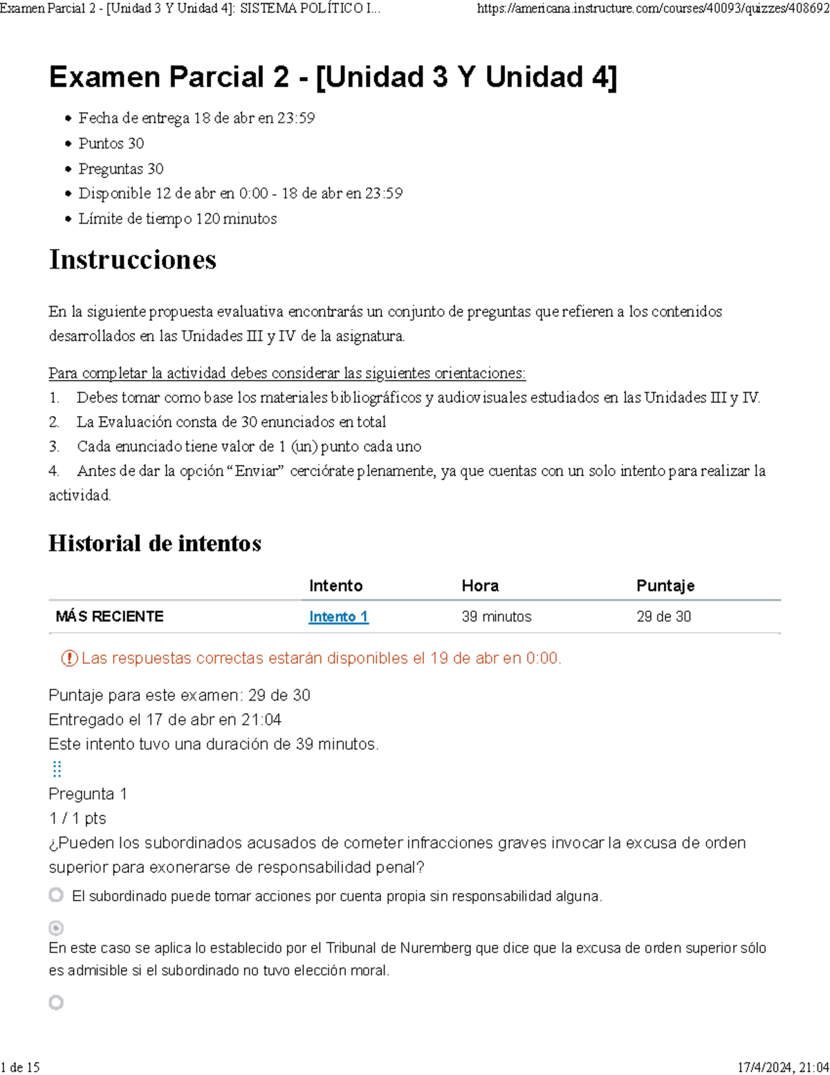 Examen Parcial 2 - [Unidad 3 Y Unidad 4] Sistema Político Internacional - Examen Parcial 2 ...