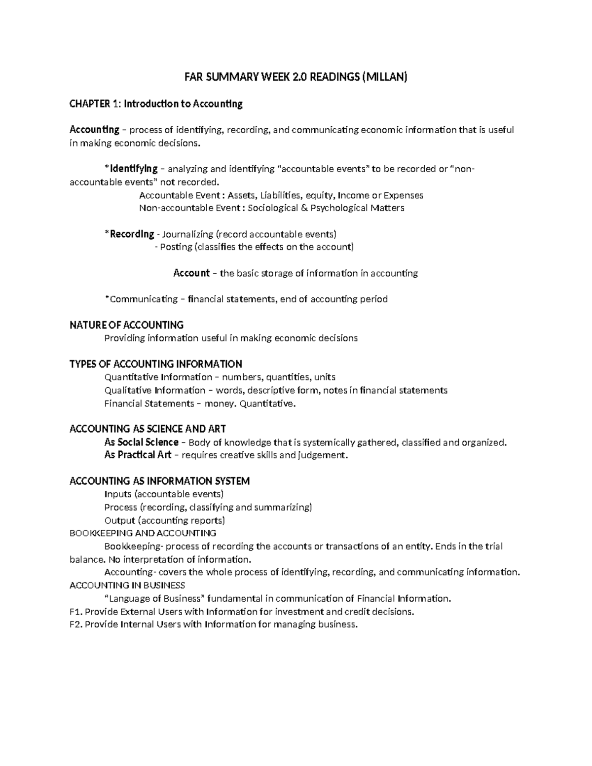 Financial Accounting and Reporting - FAR SUMMARY WEEK 2 READINGS ...
