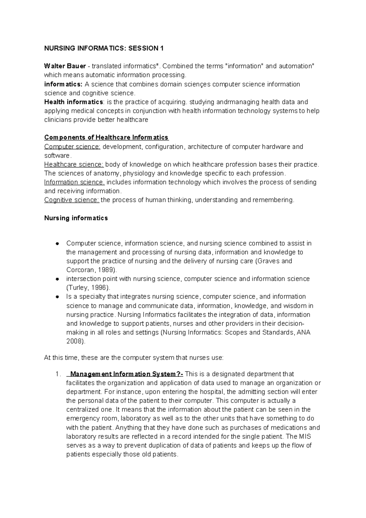 Nursing Informatics 1 8 - NURSING INFORMATICS: SESSION 1 Walter Bauer ...