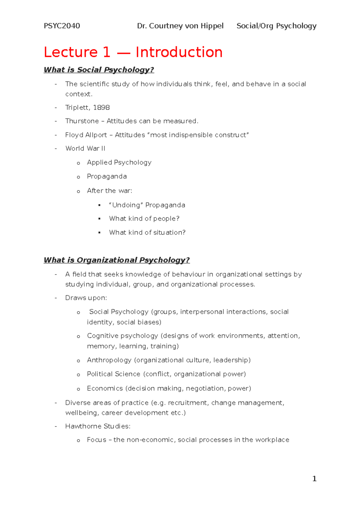 Lecture notes, lectures 1-12 - PSYC2040 Dr. Courtney von Hippel ...