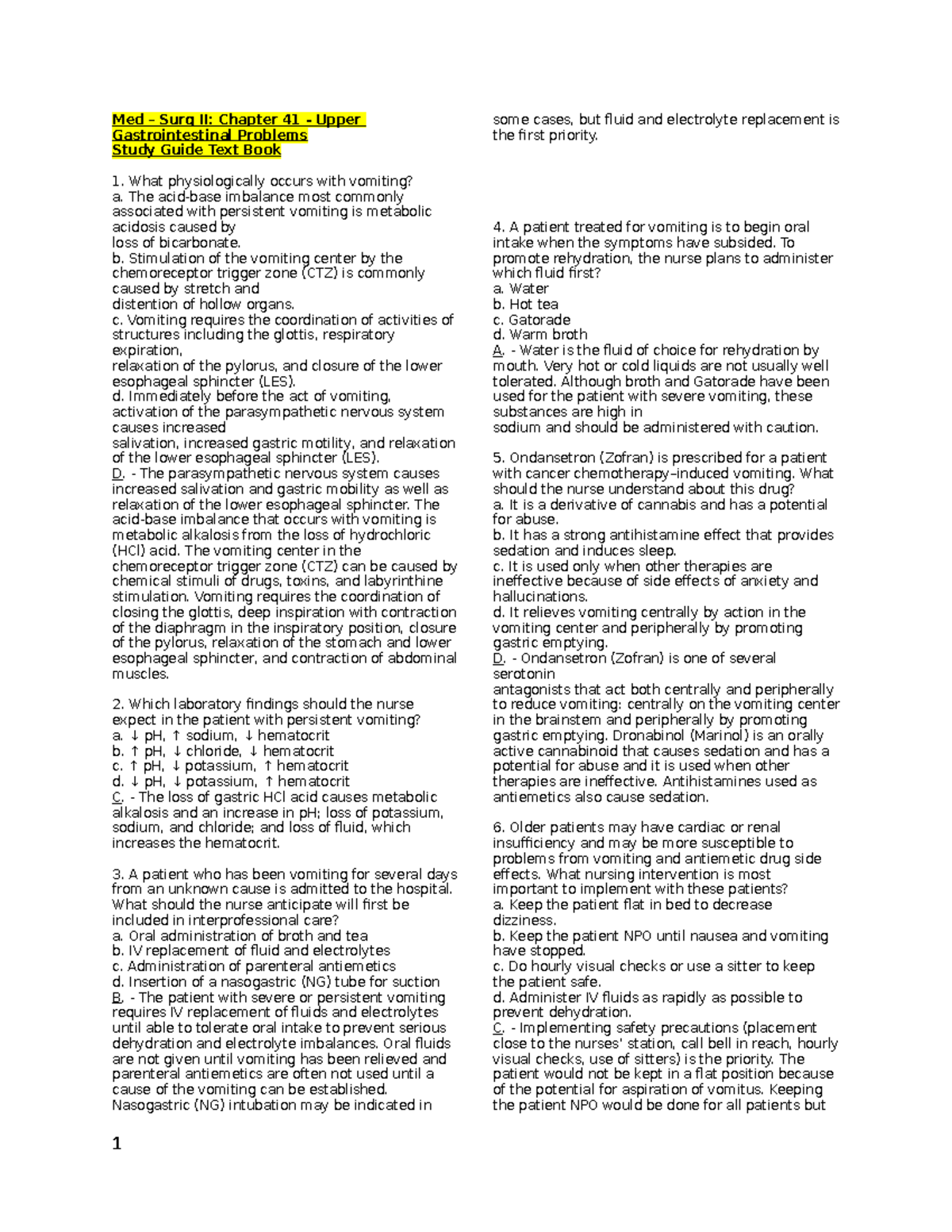 Med-Surg Study Guide Chp 41 - Med – Surg II: Chapter 41 - Upper ...