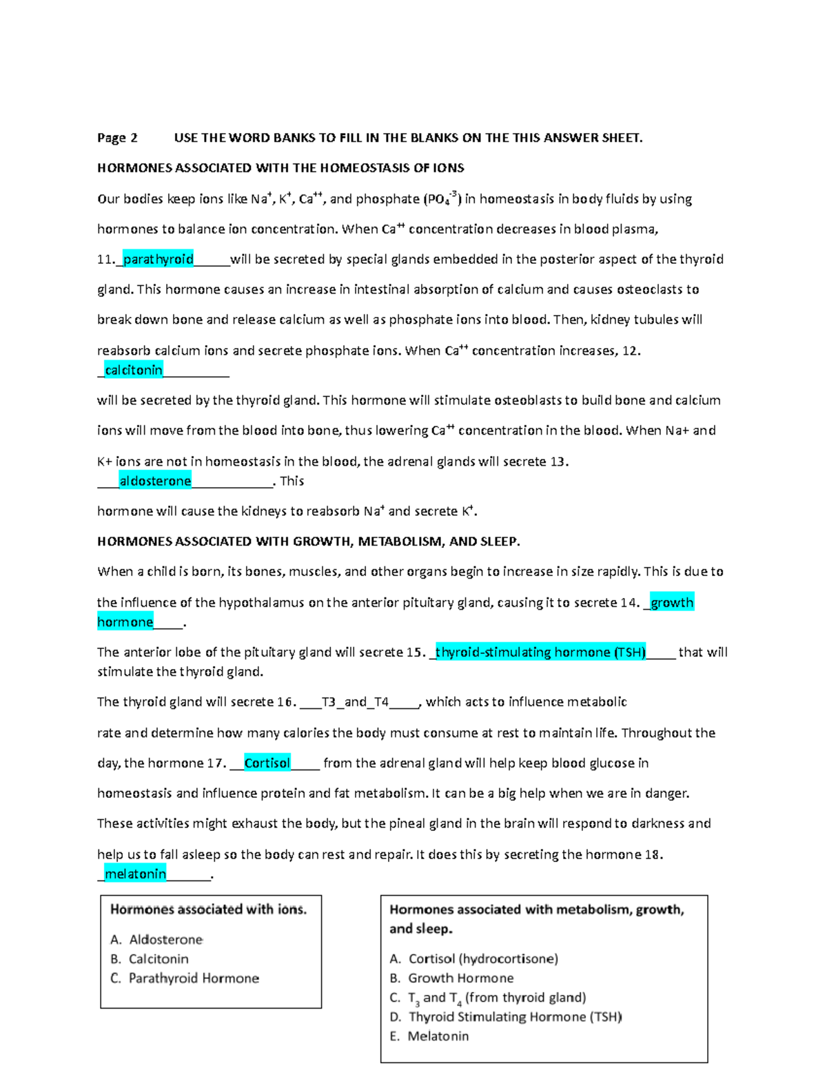 Hormone Project 2 (1) - Page 2 USE THE WORD BANKS TO FILL IN THE BLANKS ...