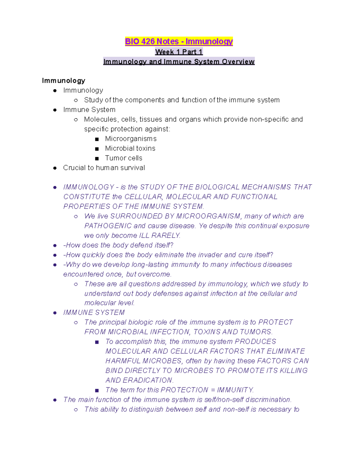 BIO 426 Week 1 Lecture Notes Part 1 - BIO 426 Notes - Immunology Week 1 ...