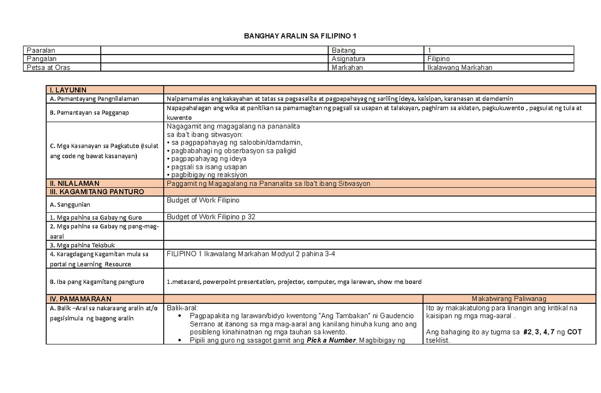 Copy of COT-1 - cot observation - BANGHAY ARALIN SA FILIPINO 1 Paaralan ...