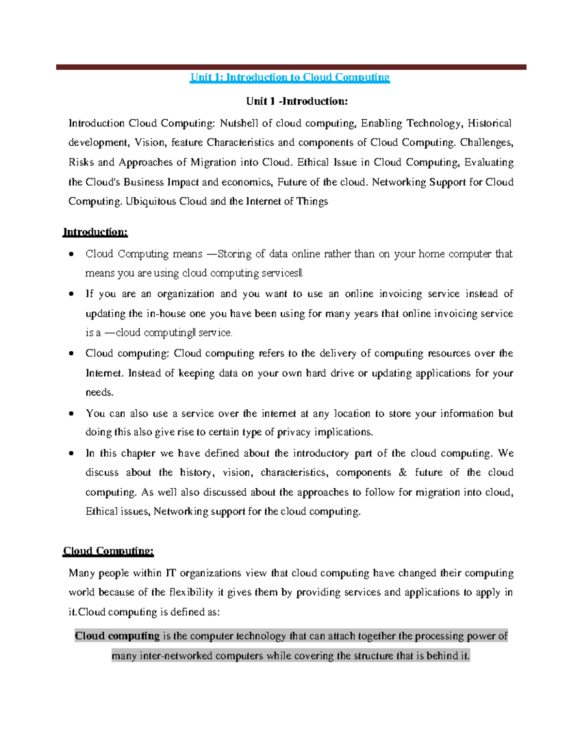 CCUnit I - sdn - Unit 1: Introduction to Cloud Computing Unit 1 ...