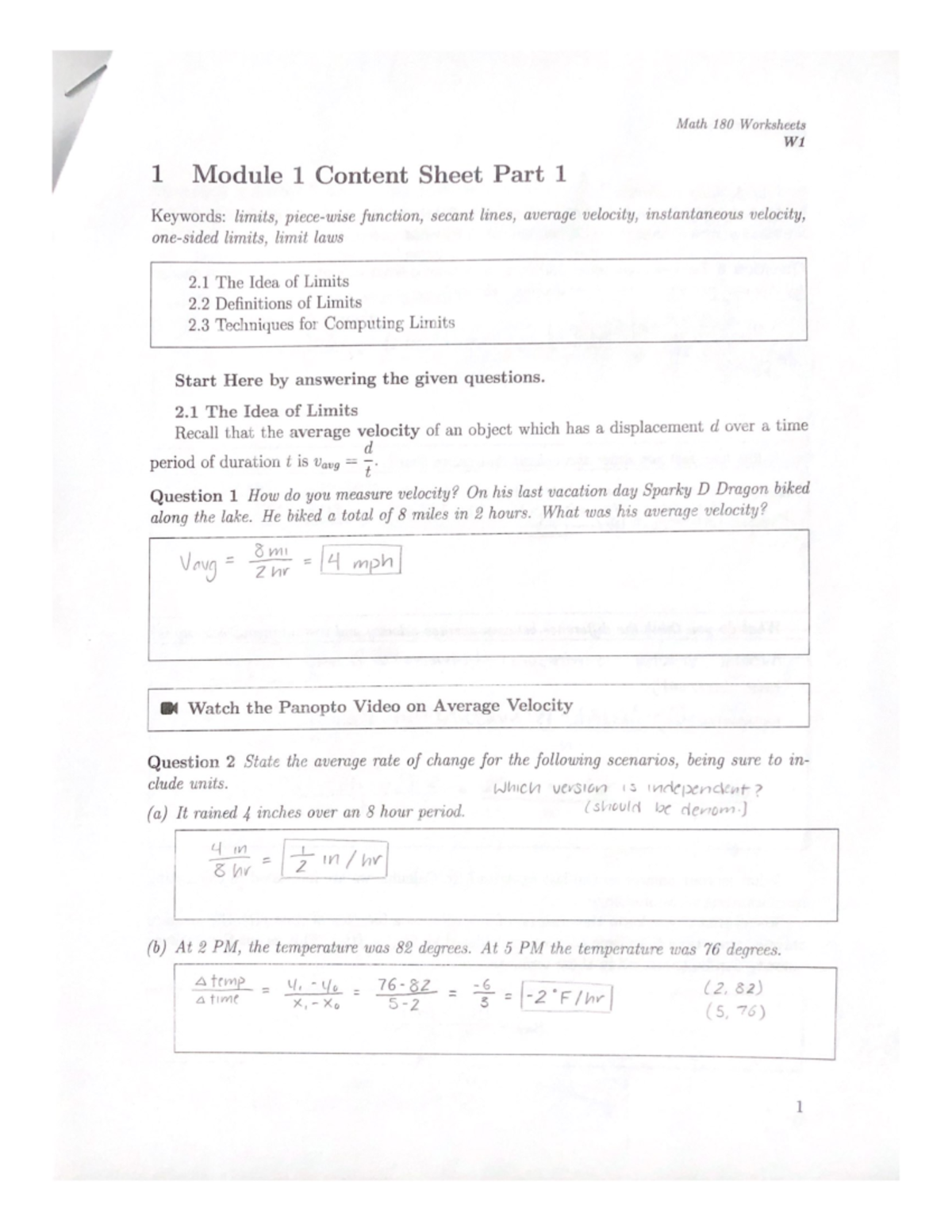 Module 1 Content Sheet Part 1 - MATH 180 - Studocu