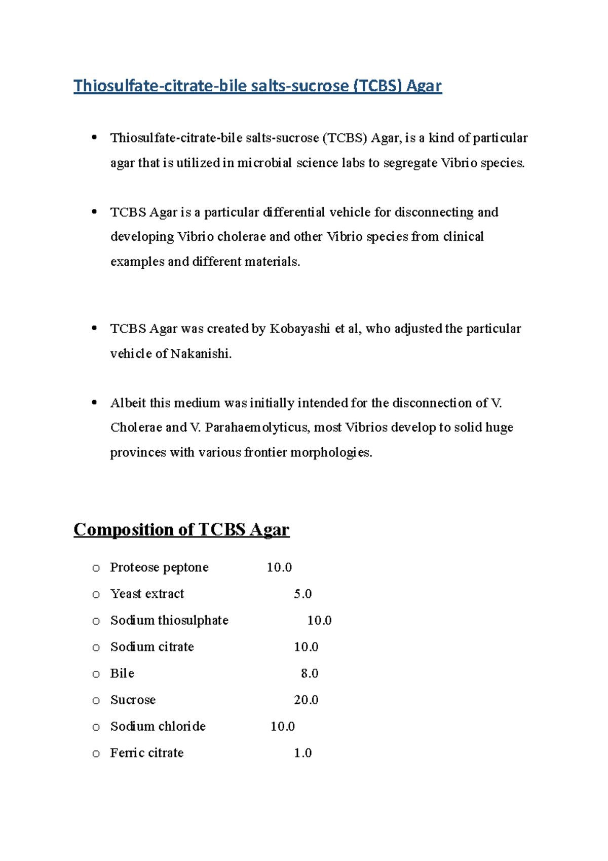 Thiosulfate-citrate-bile salts-sucrose (TCBS) Agar - TCBS Agar is a ...