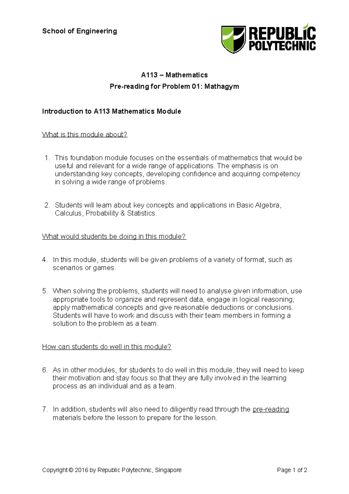 A113 P01 Pre-Reading - pre-readings, good to read before class to get ...