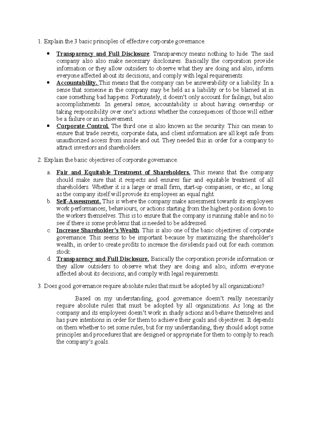 Corporate governance - Transparency and Full Disclosure. Transparency ...