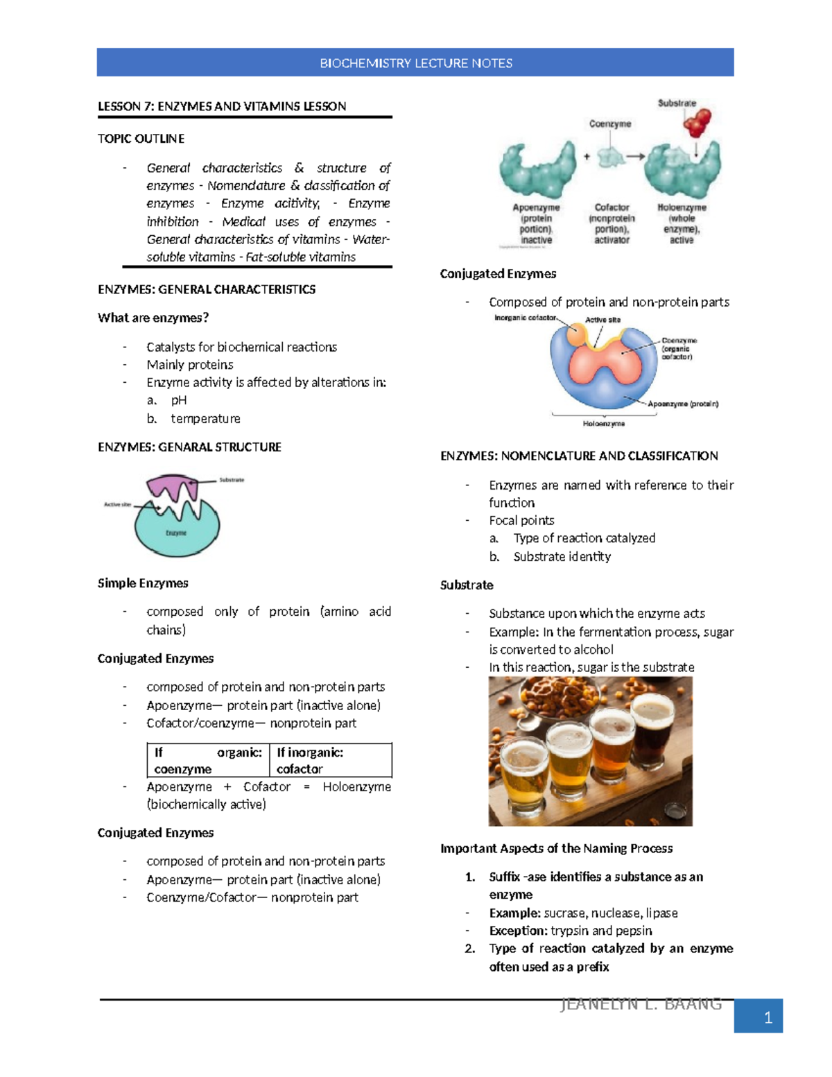 Biochem Finals Notes - n/a - JEANELYN L. BAANG LESSON 7: ENZYMES AND ...