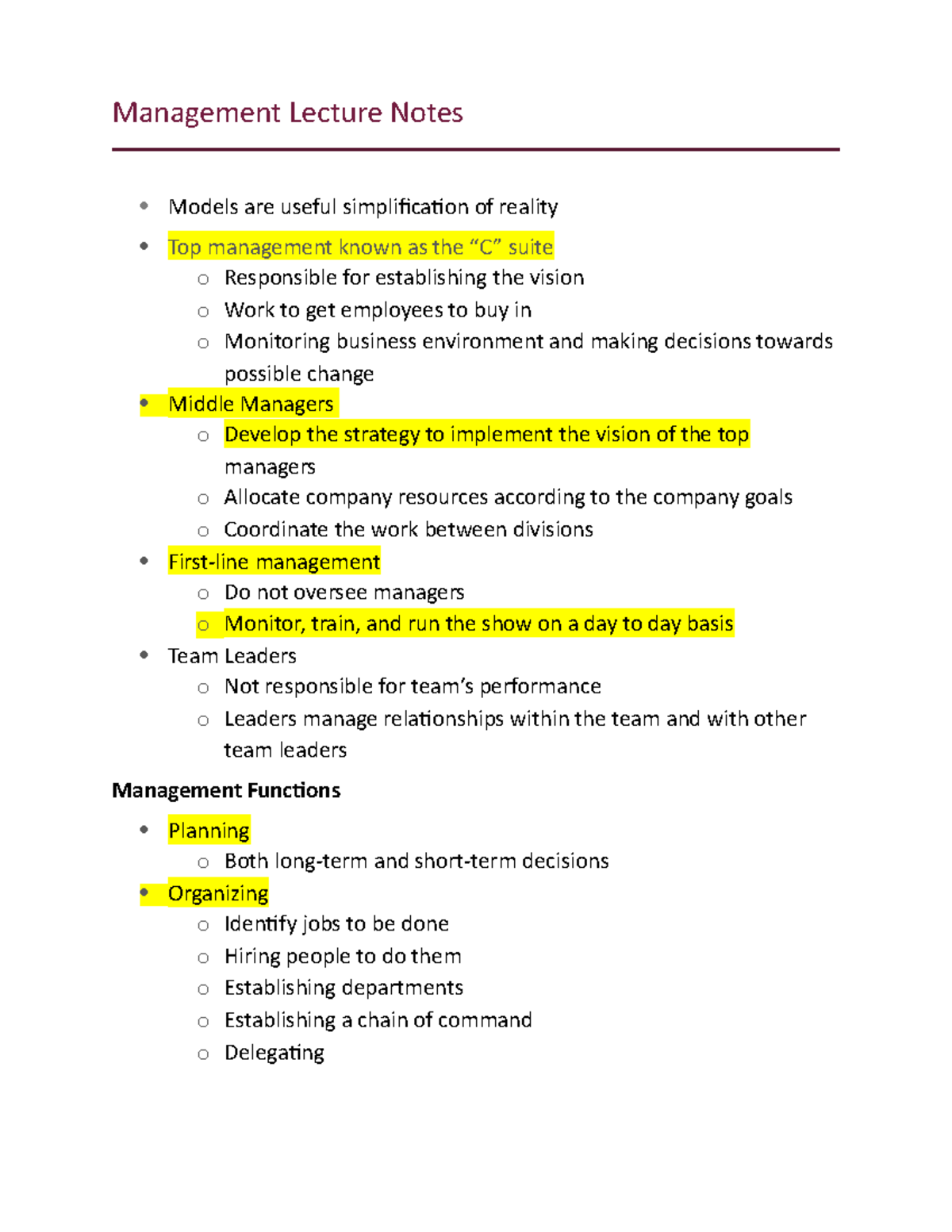 Management Lecture Notes Exam 1 - Management Lecture Notes Models are ...