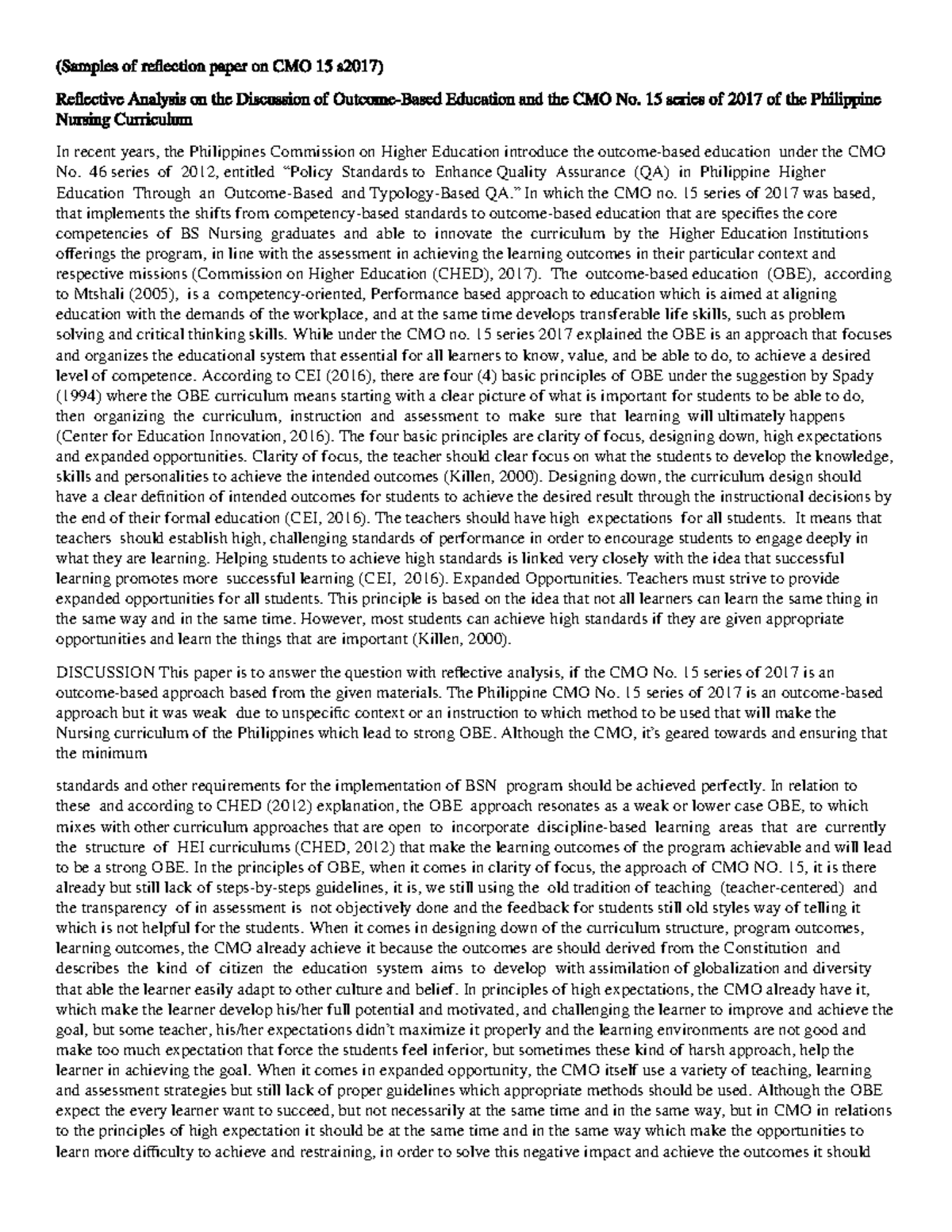 Samples of reflection paper on CMO 15 s2017 - 15 series of 2017 of the ...