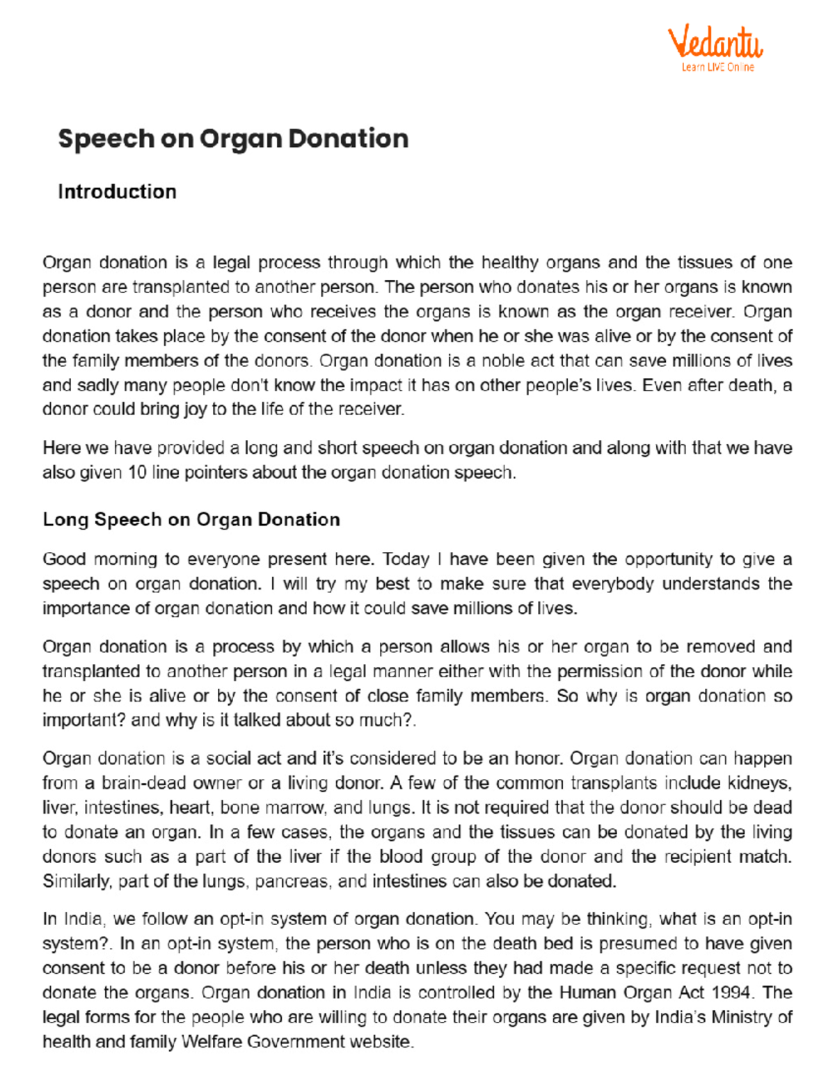 Speech on Organ Donation - Studocu