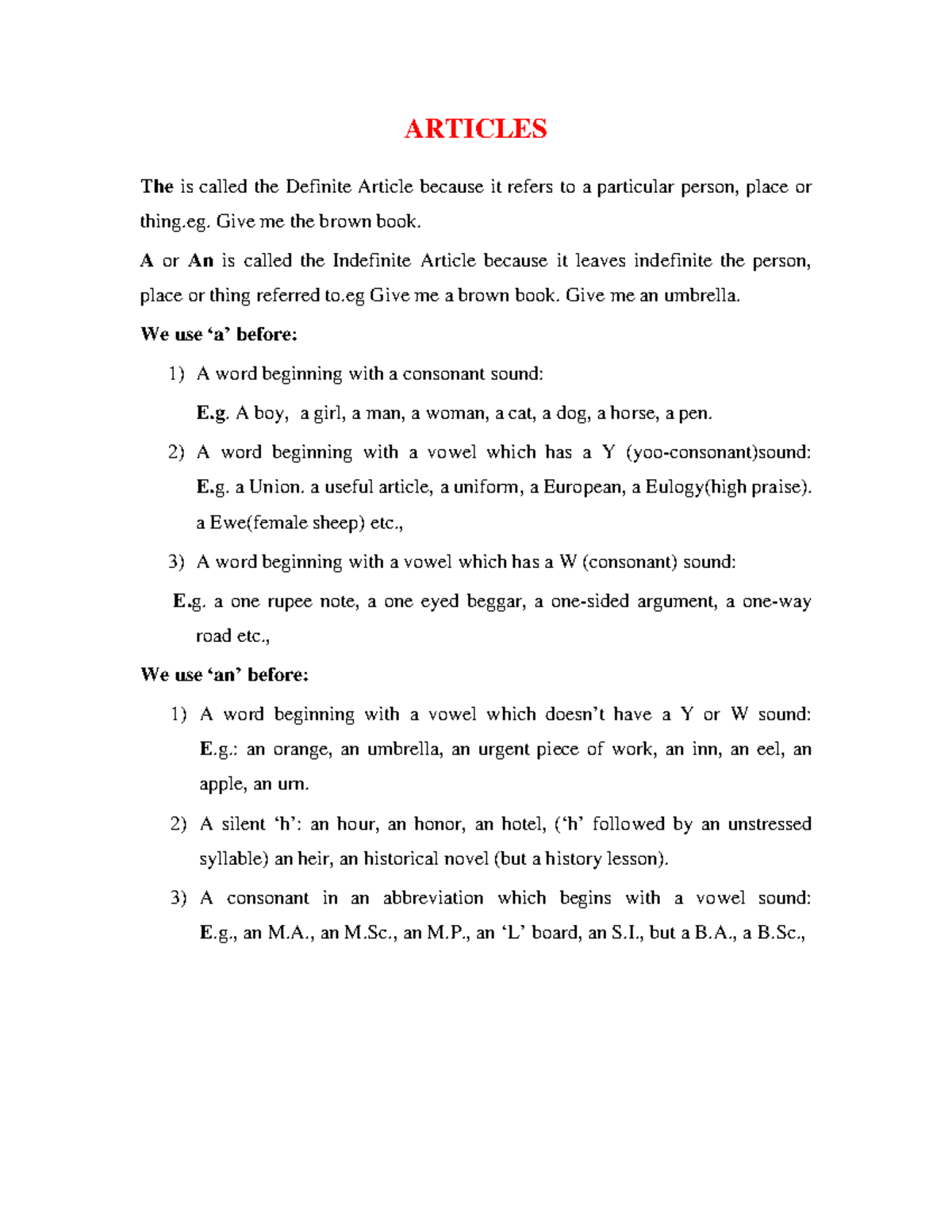 Inter 1st Year English-Grammar Articles Study Material - ARTICLES The ...
