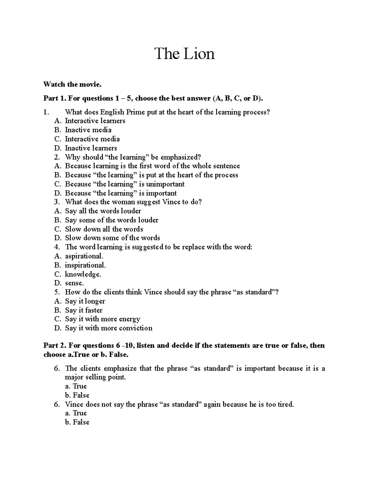 The-Lion-Tasks - The-Lion-Tasks listening task 20% - homework . hard ...