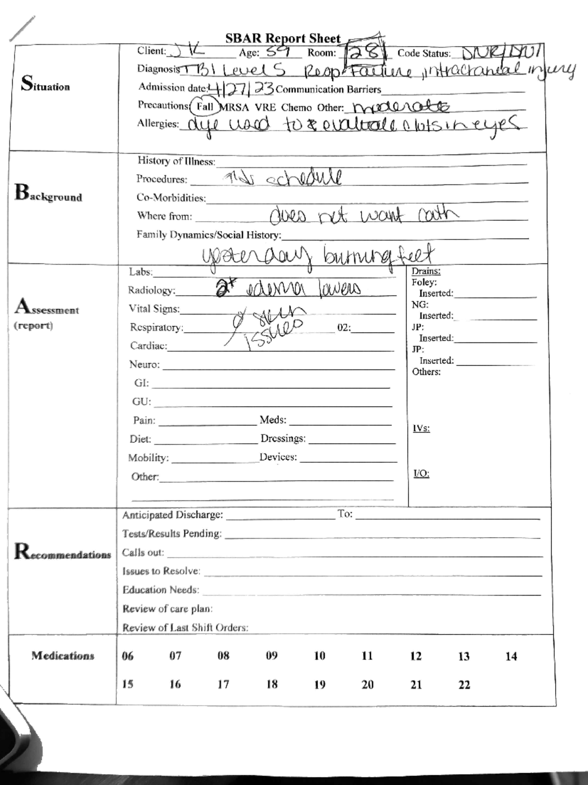 Clinical day 3[2216] - SBAR Report Sheet Client: JK Age: 59 Room: 1281 ...