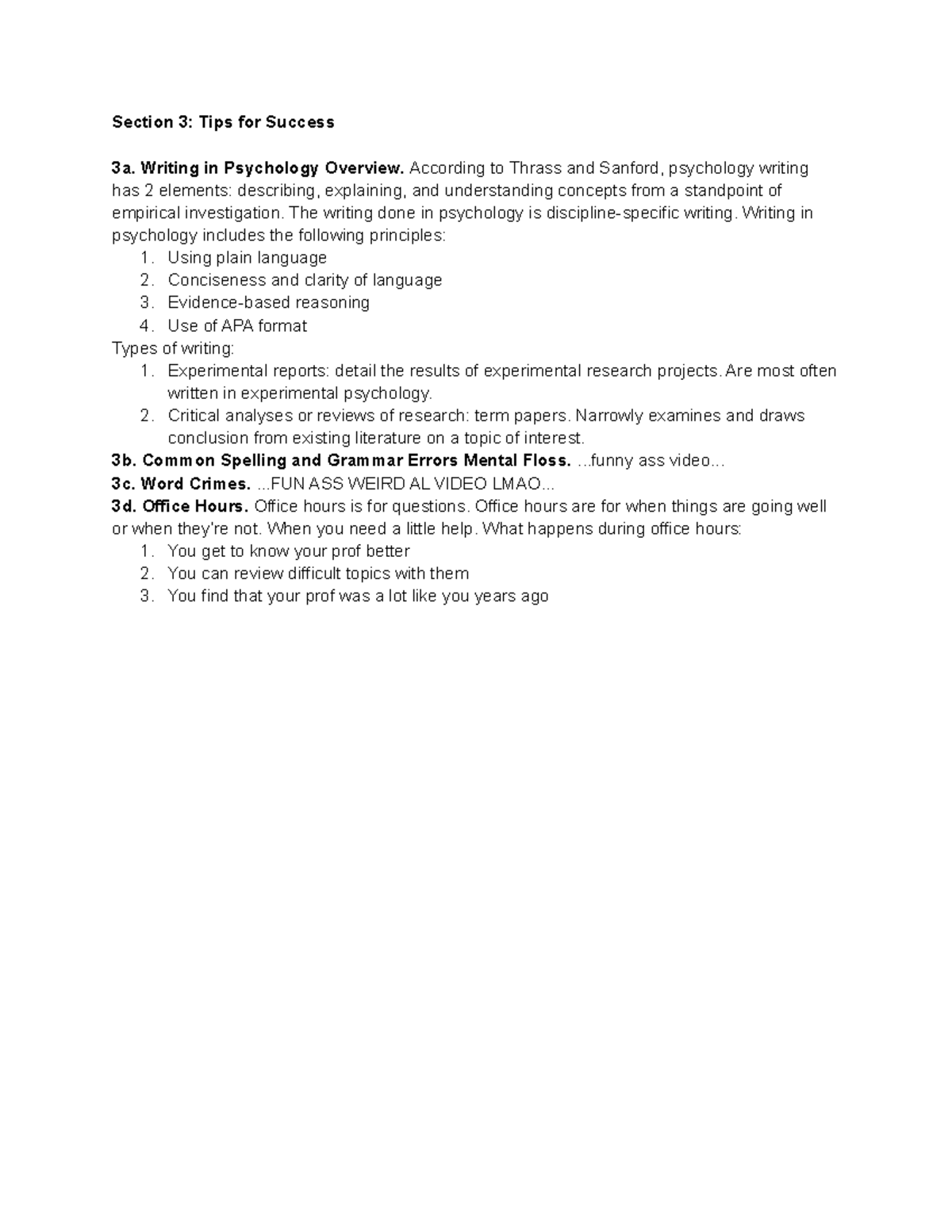 Psy 301 - Section 3 Notes - Section 3: Tips for Success 3a. Writing in ...